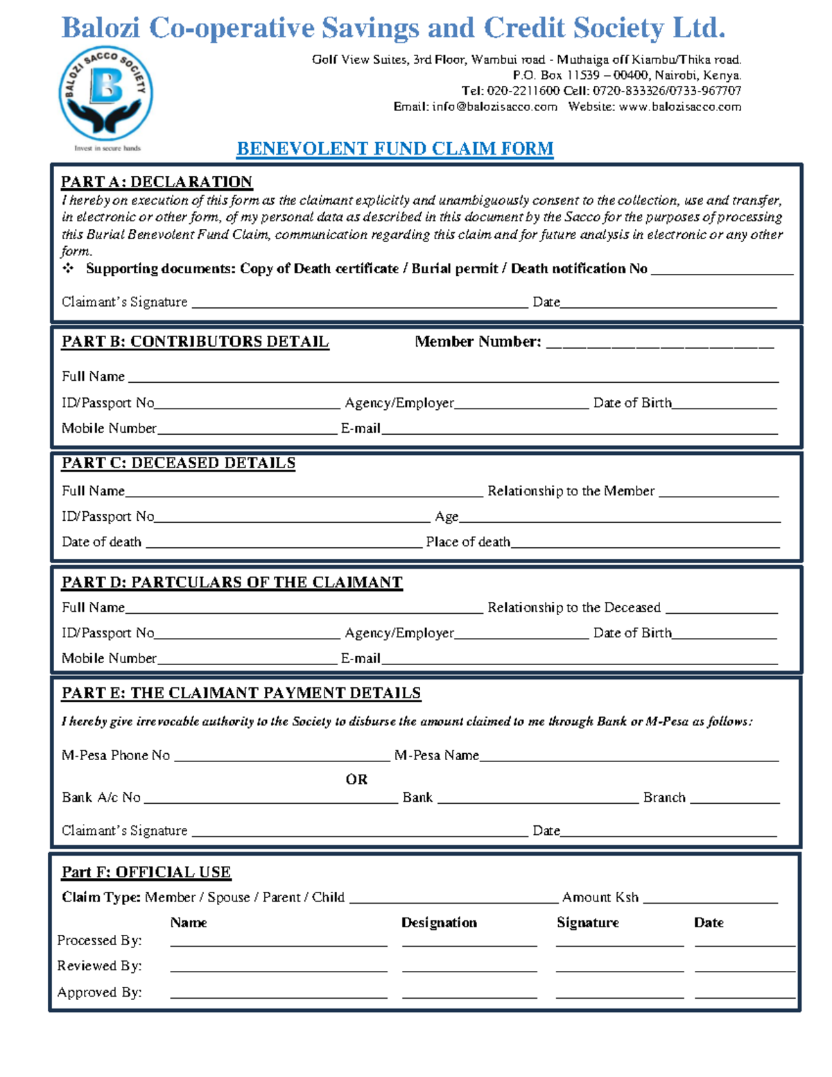 Benevolent Fund Form - introduction to lectures - Balozi Co-operative ...