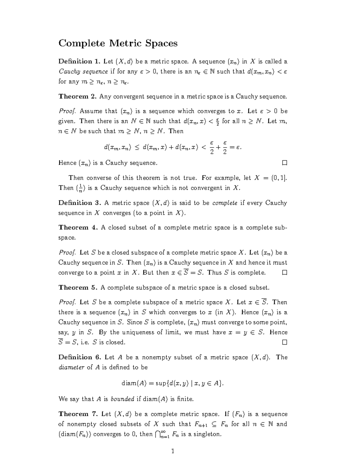 Complete Partial Diff Eqn Complete Metric Spaces Definition 1 Let X D Be A Metric Space