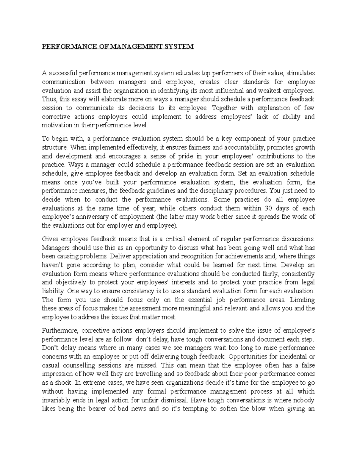MG 106 Assignment - ESSAY - PERFORMANCE OF MANAGEMENT SYSTEM A ...