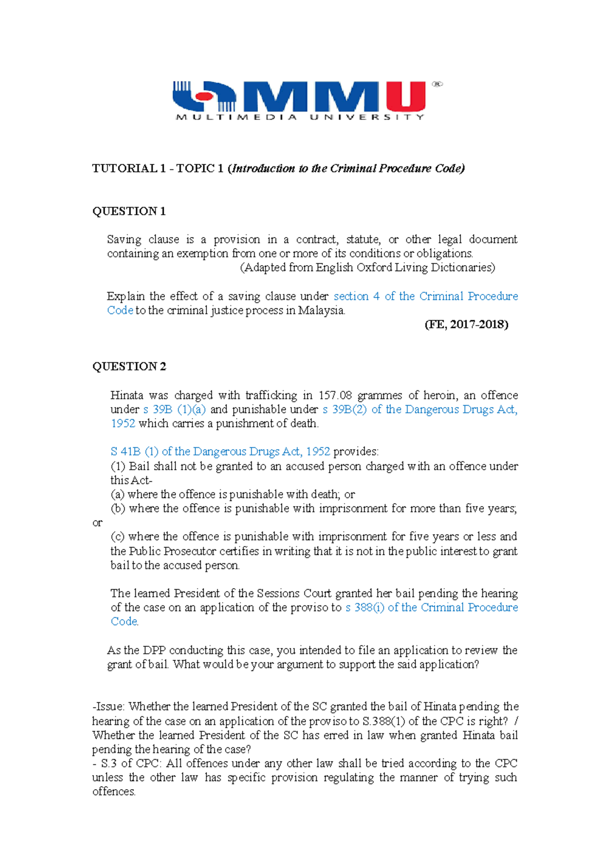 Tutorial 1 Topic 1-Q - QUESTION 1 Saving clause is a provision in a ...