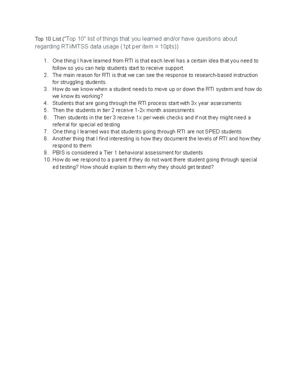 Case RTI MTSS Reactions - Top 10 List ("Top 10" list of things that you learned and/or - Studocu