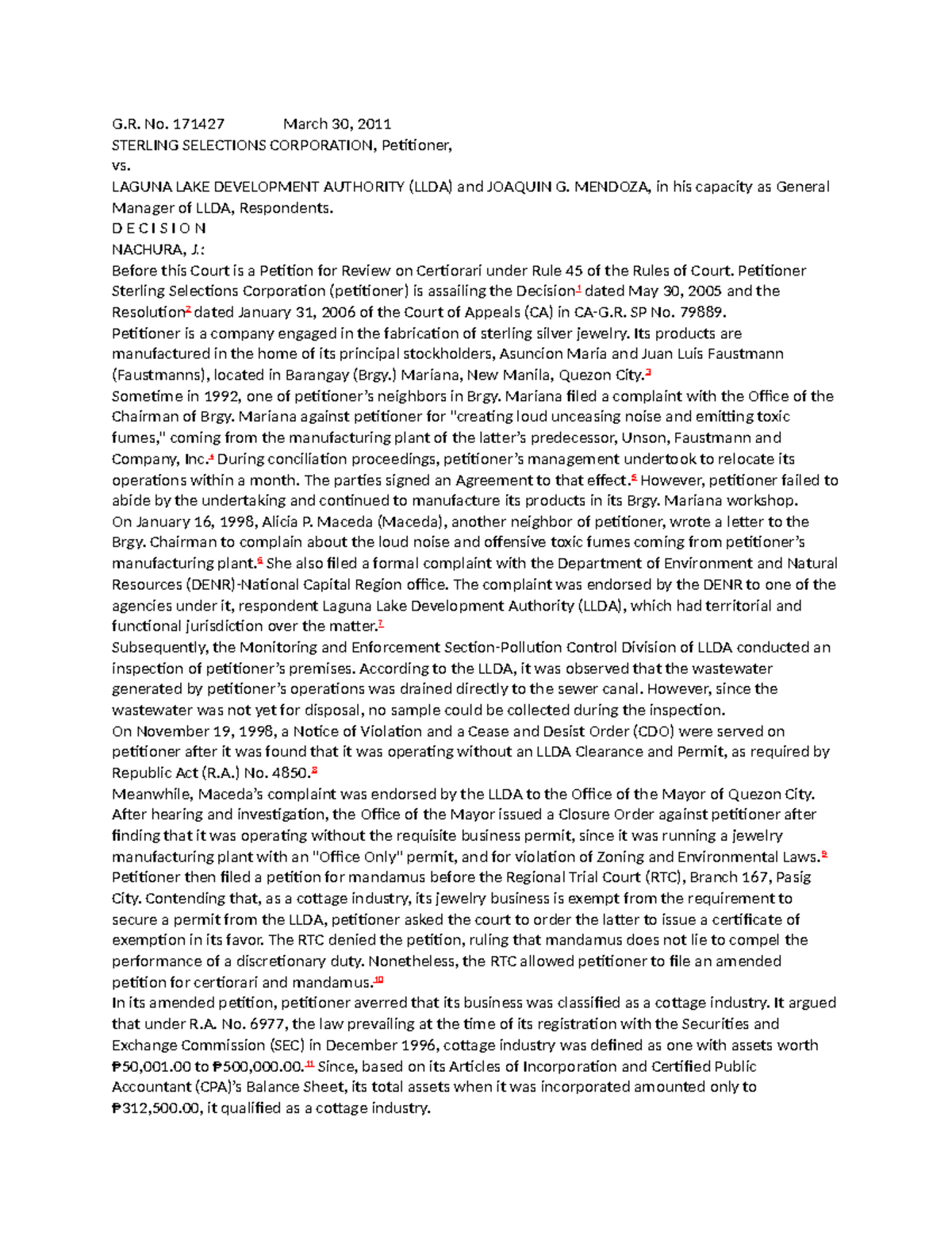 Sterling vs LLDA - Jurisprudence - G. No. 171427 March 30, 2011 ...