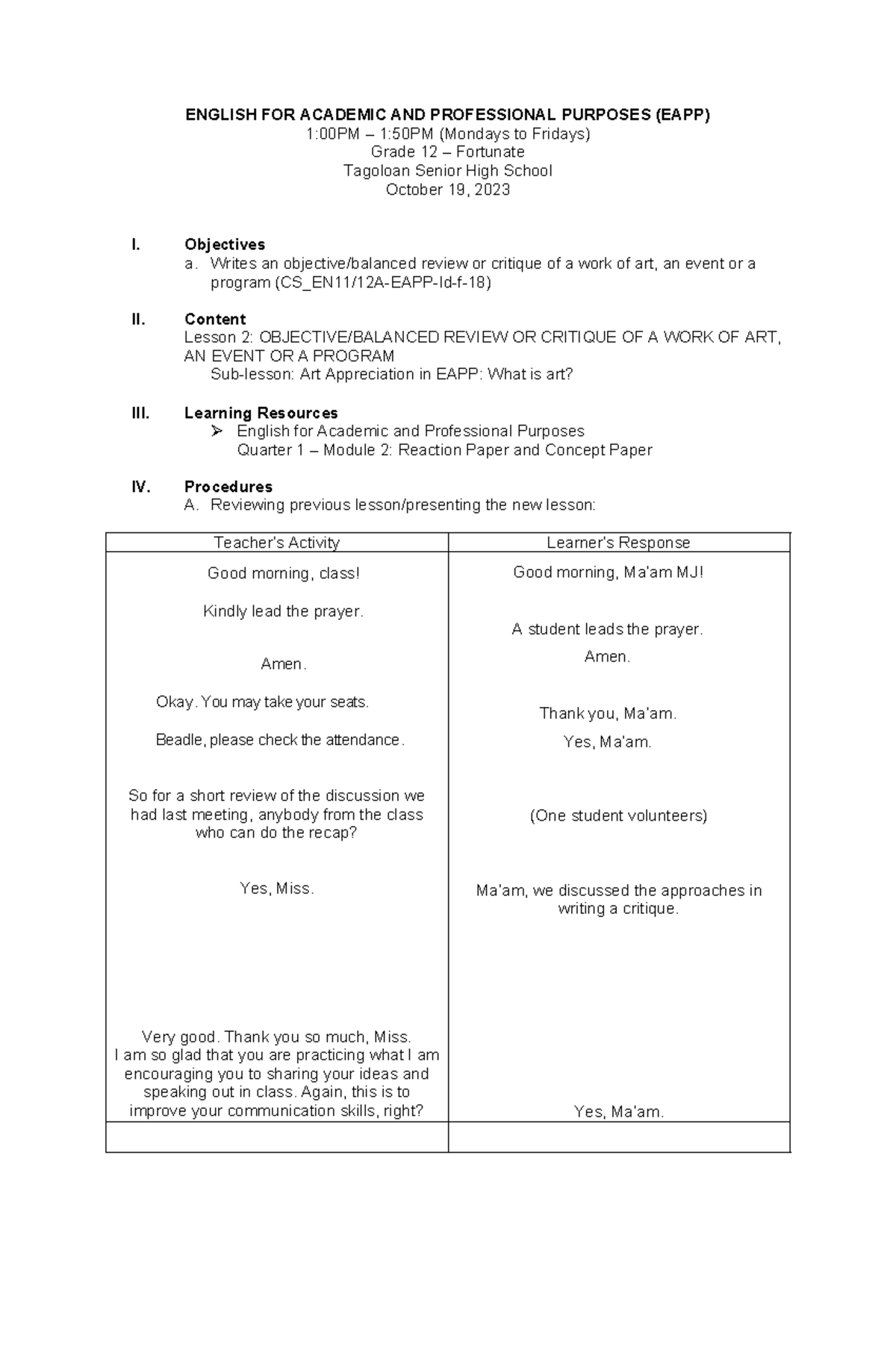 Detai,ed Lesson Plan - EAPP - ENGLISH FOR ACADEMIC AND PROFESSIONAL ...