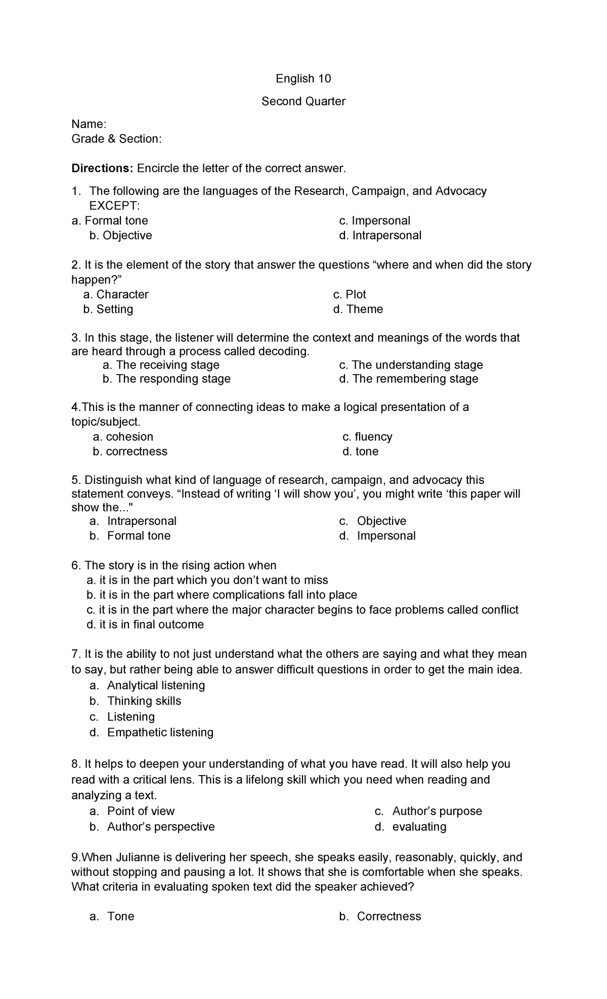 English 10- Test Questions - English 10 Second Quarter Name: Grade ...