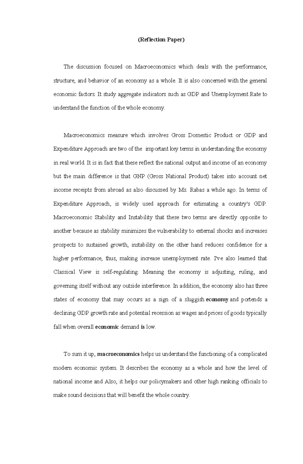 Classic theory - (Reflection Paper) The discussion focused on ...