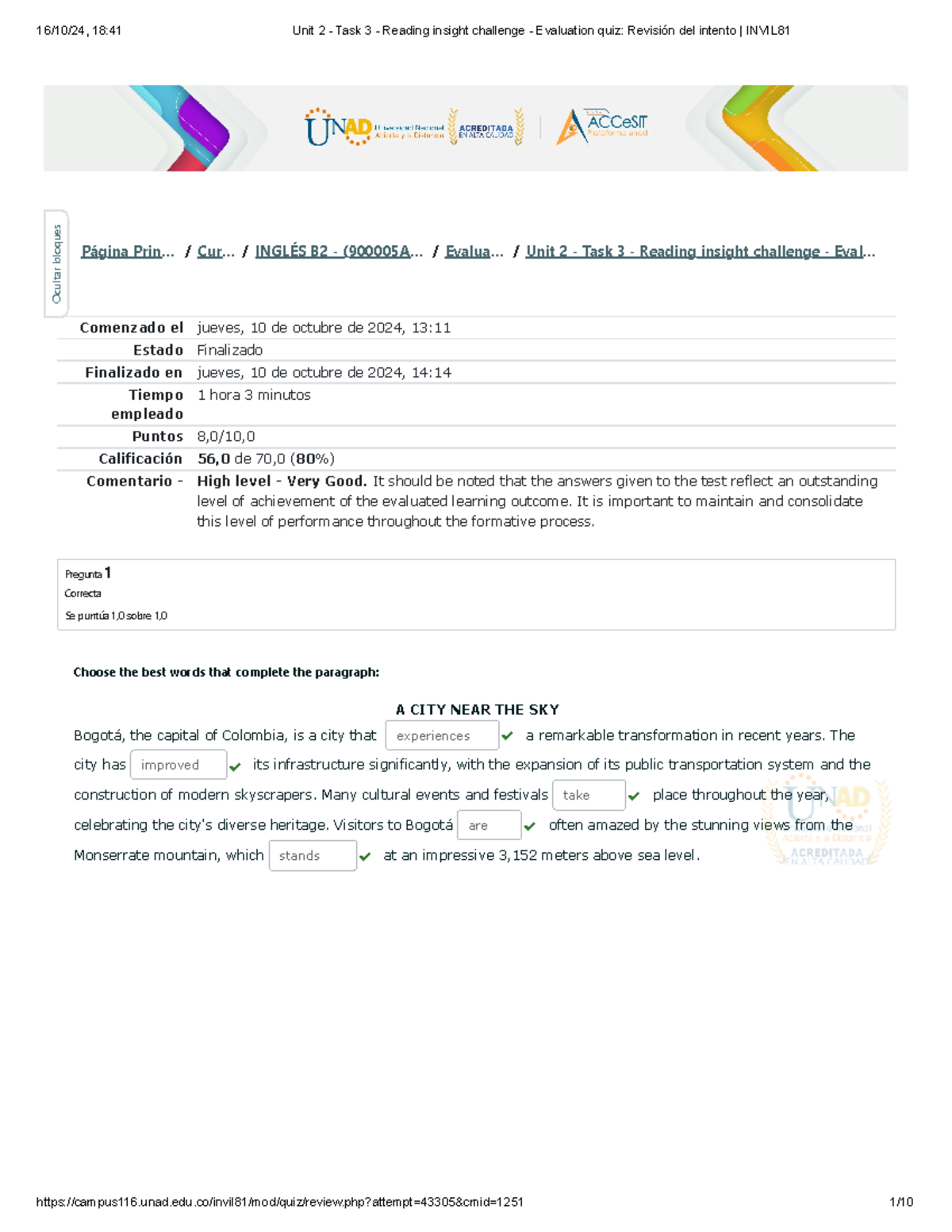 Unit 2 - Task 3 - Reading insight challenge - Evaluation quiz Revisión del intento Invil 81 ...