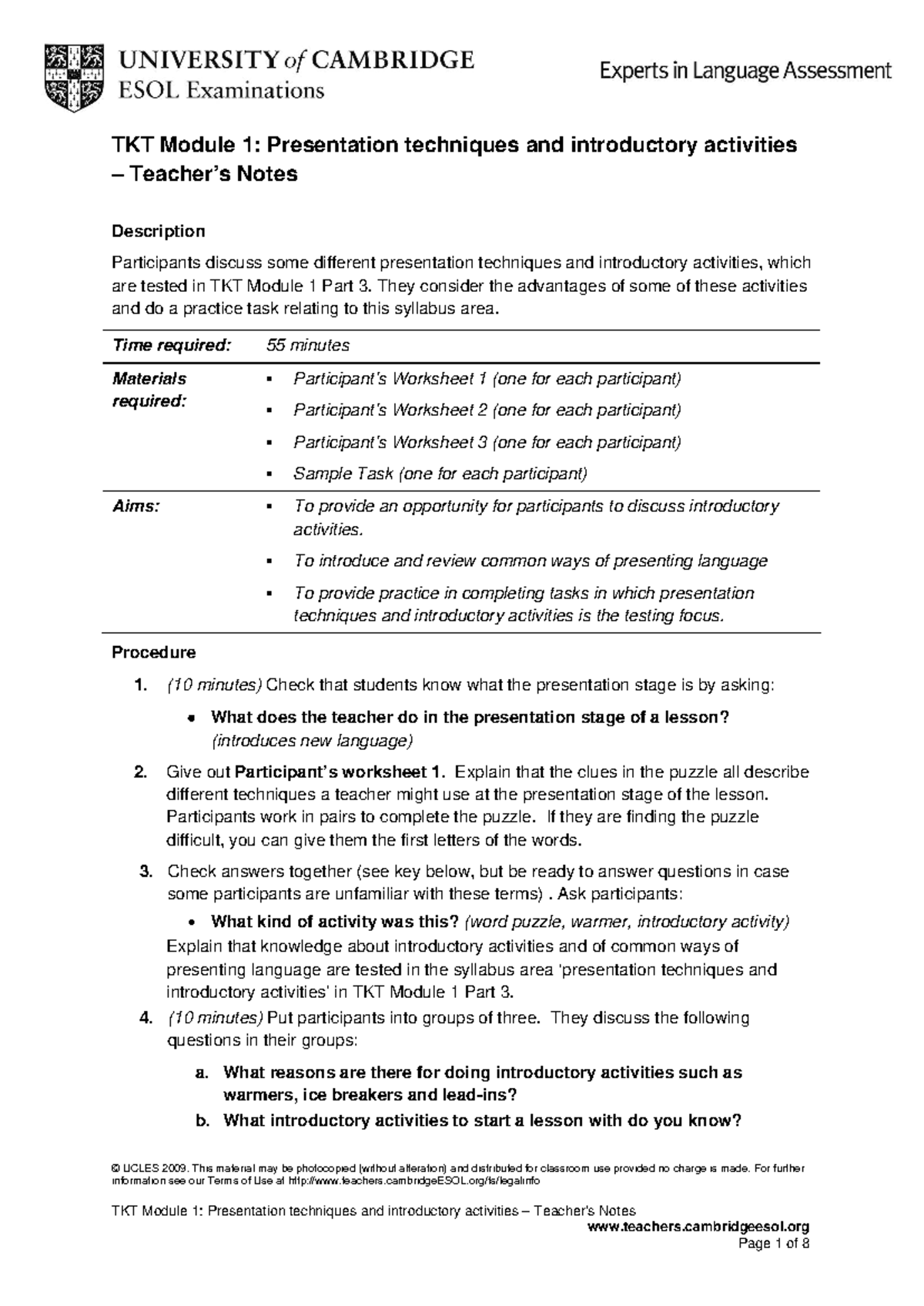 TKT Module 1 Presentation techniques and introductory activities ...