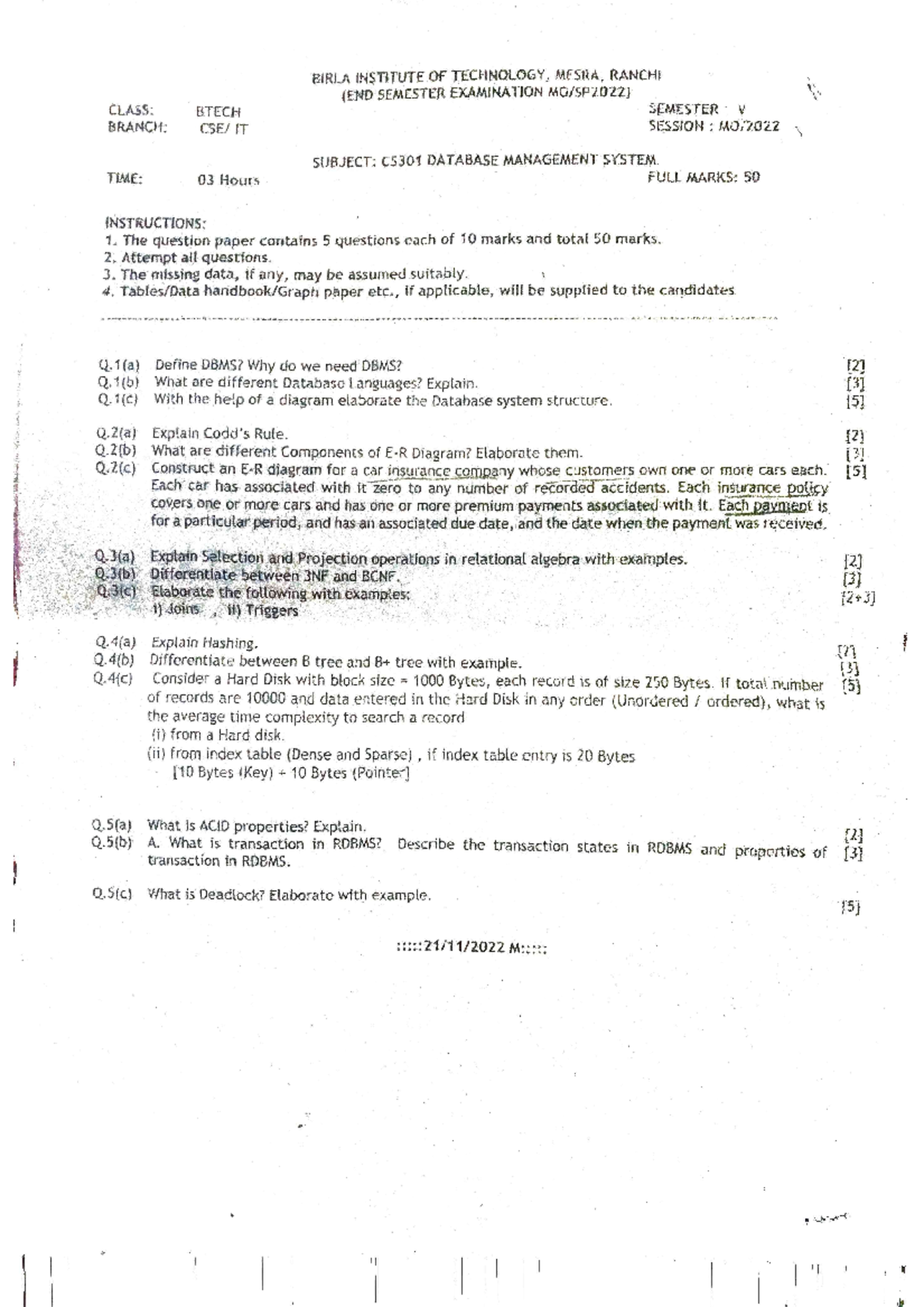 DBMS PYQ - database management systems - Studocu