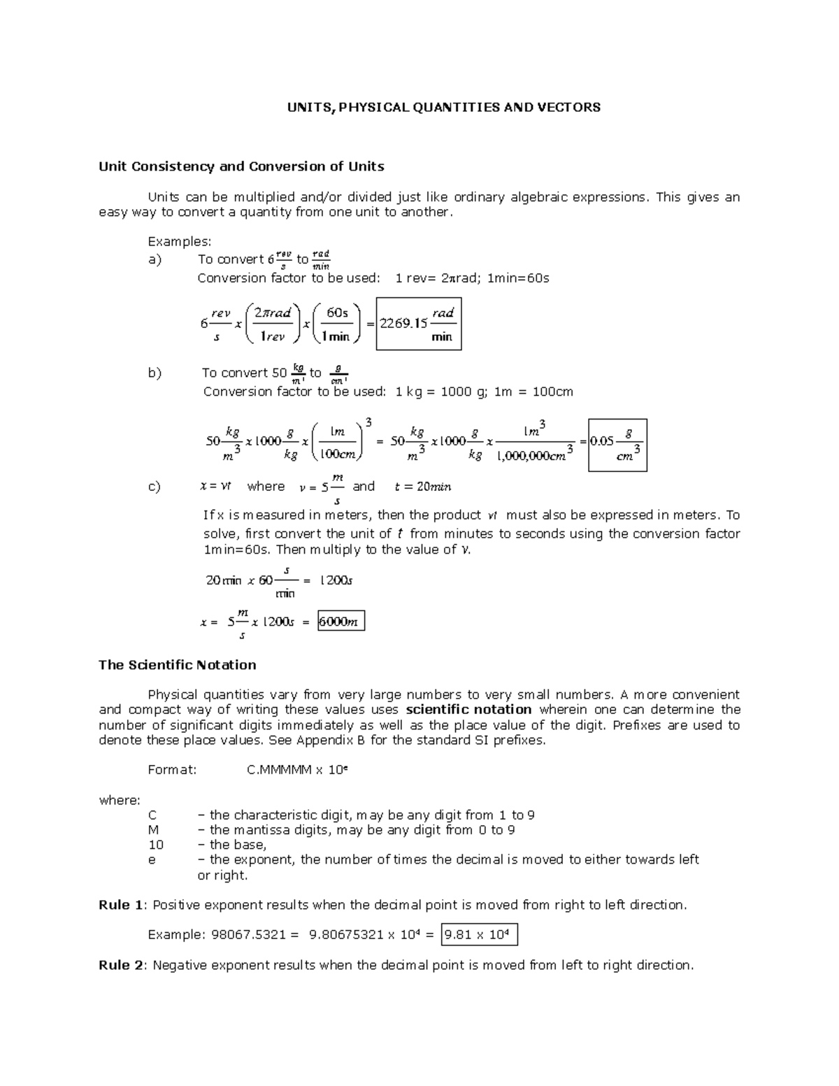 Lecture Notes 1 Phys111 - UNITS, PHYSICAL QUANTITIES AND VECTORS Unit ...