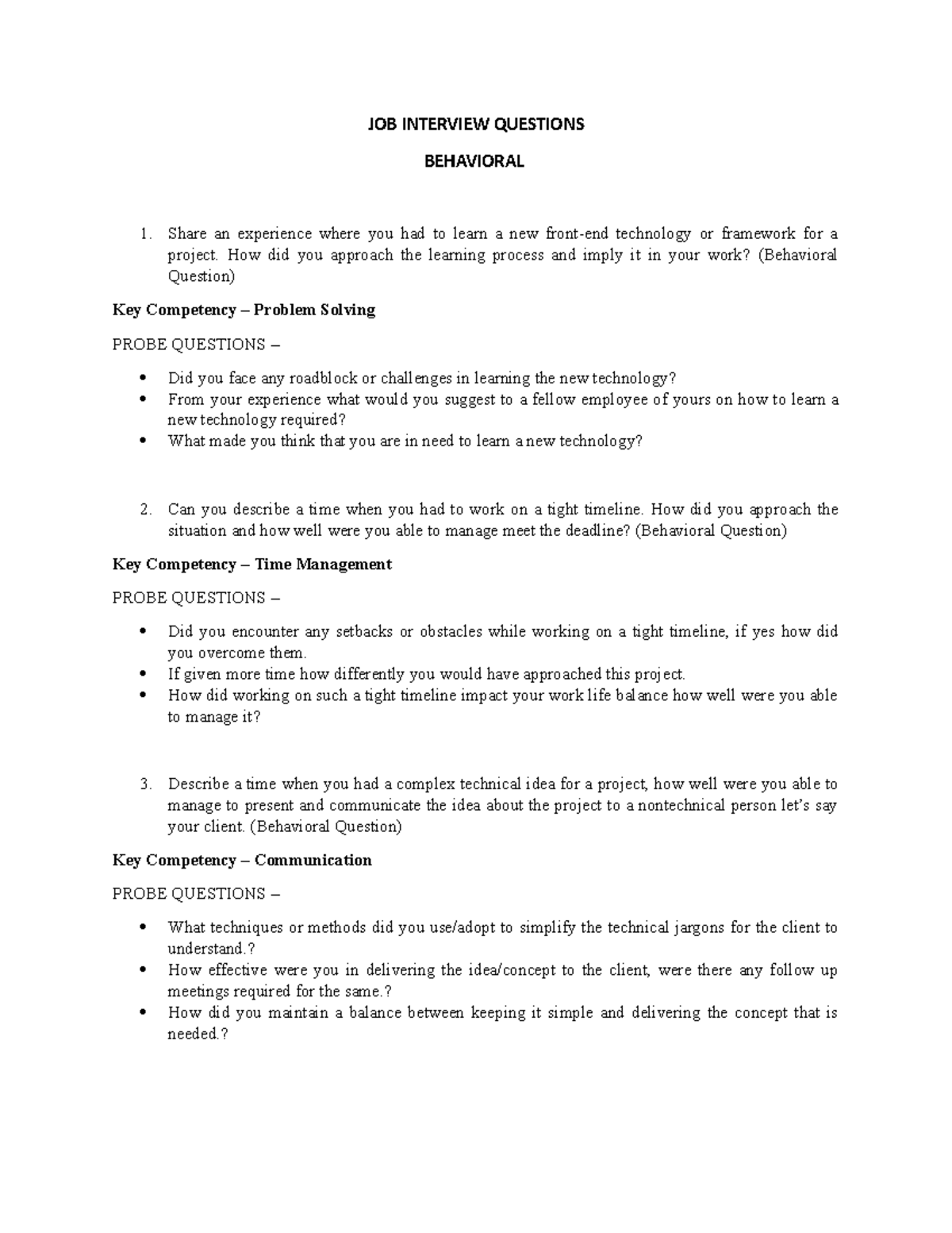 JOB Interview Questions - Behavioral - JOB INTERVIEW QUESTIONS ...