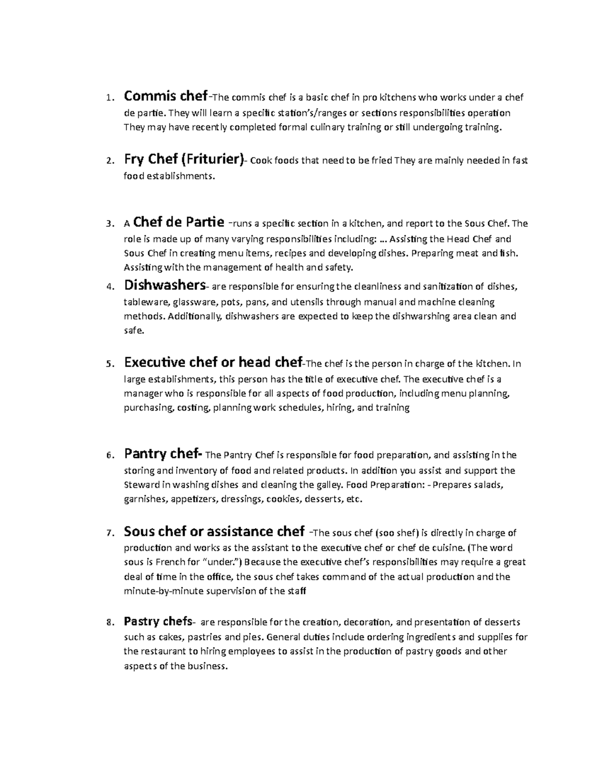 Chefs in different descriptions and possible jobs - BS Entrepreneurial ...