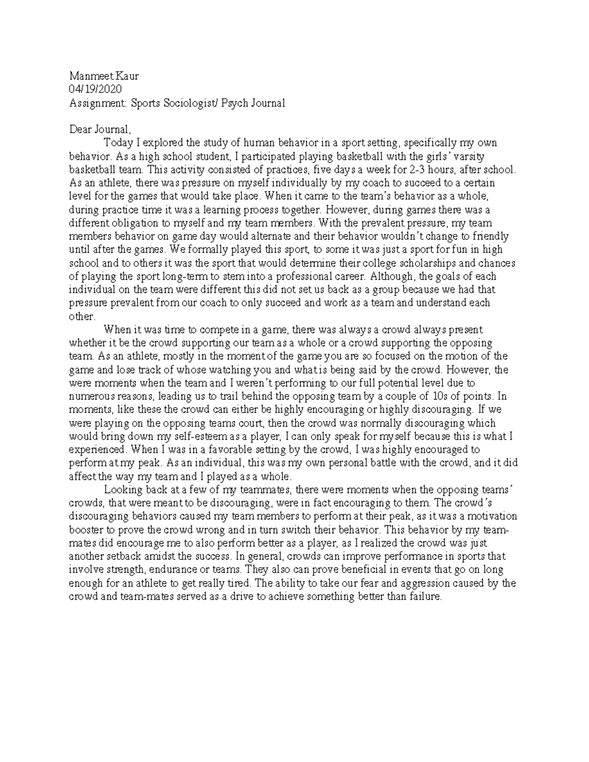 Assignment: Sports Sociologist/ Psych Journal - Manmeet Kaur 04/19 ...