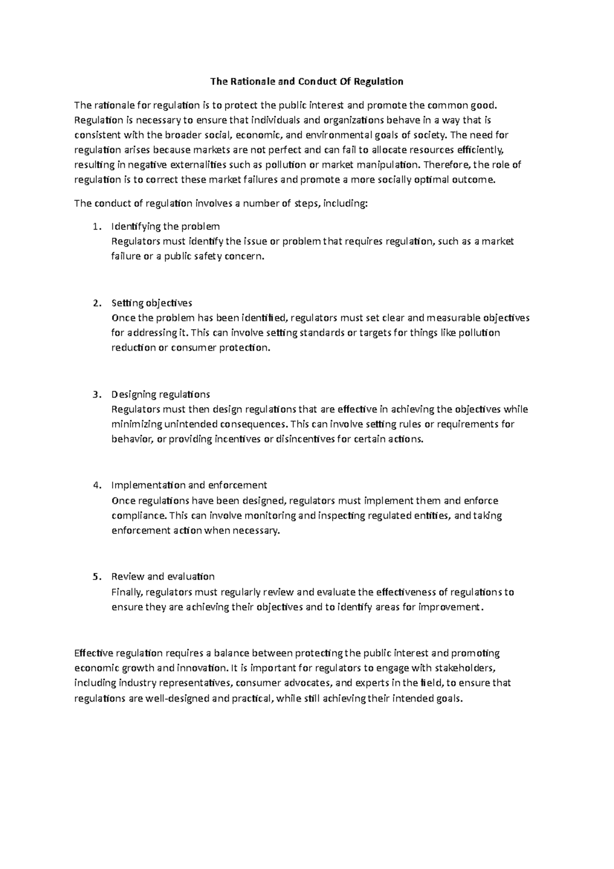 The Rationale and Conduct Of Regulation - Regulation is necessary to ...