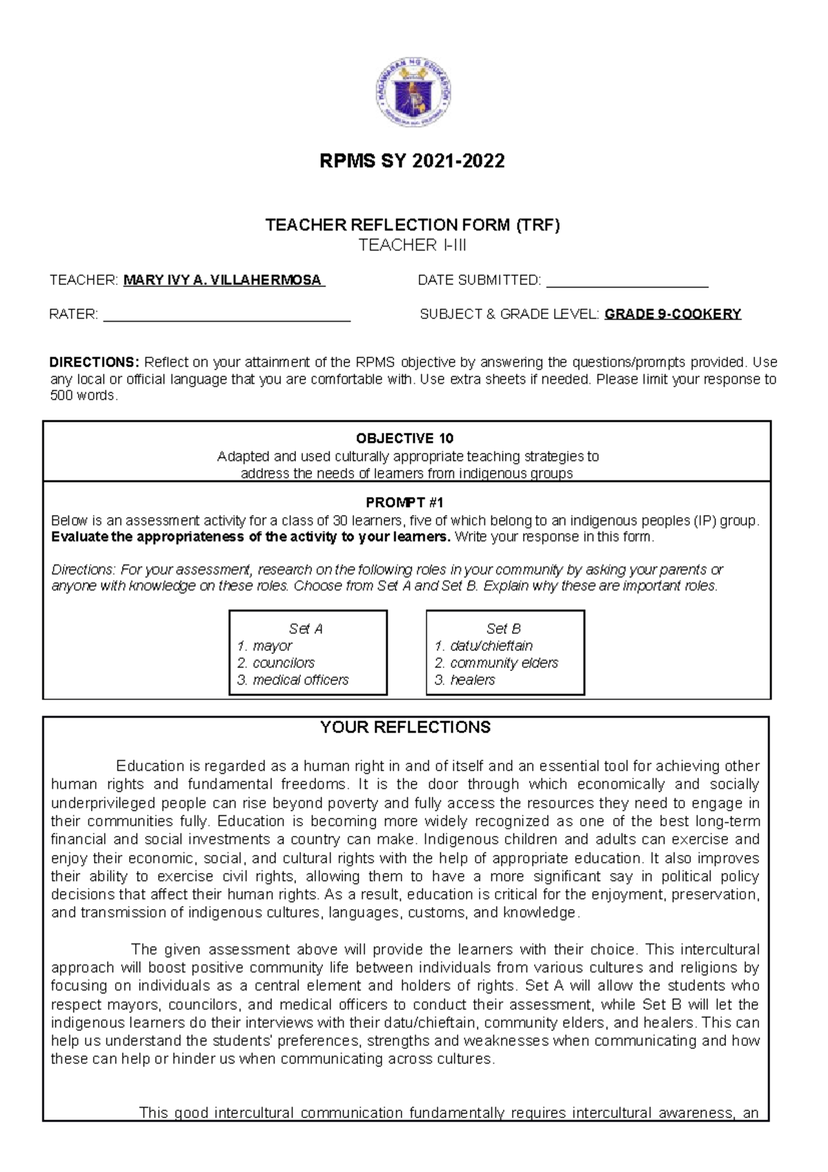TRF-MOVS-FOR- Objective-10 IVY - TEACHER REFLECTION FORM (TRF) TEACHER ...