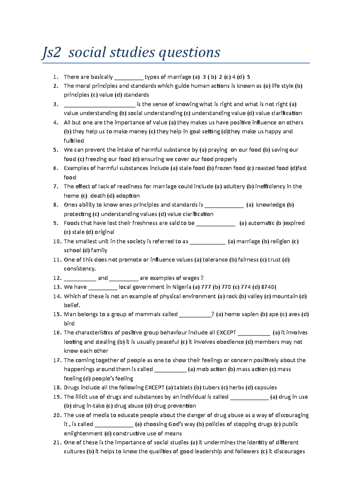 Js2 social studies questions mr dare - Js2 social studies questions ...