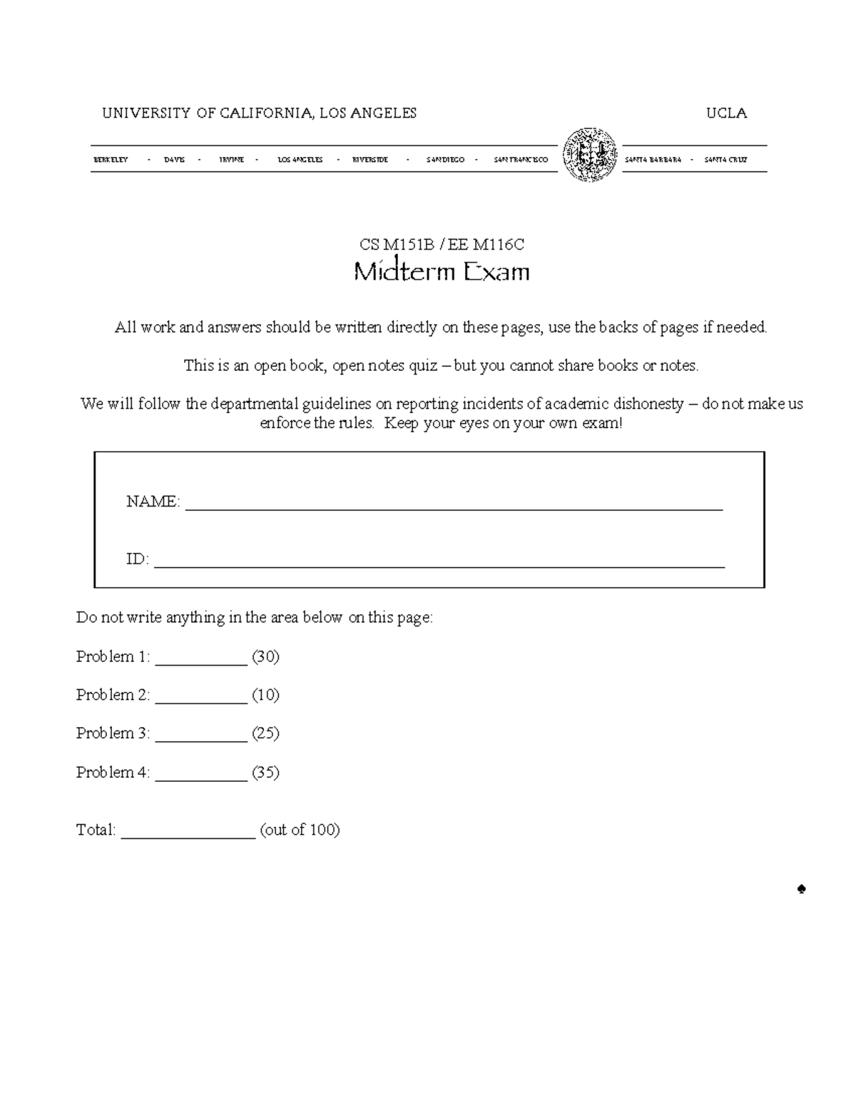 CS151B-midterm-sample - UNIVERSITY OF CALIFORNIA, LOS ANGELES UCLA CS ...