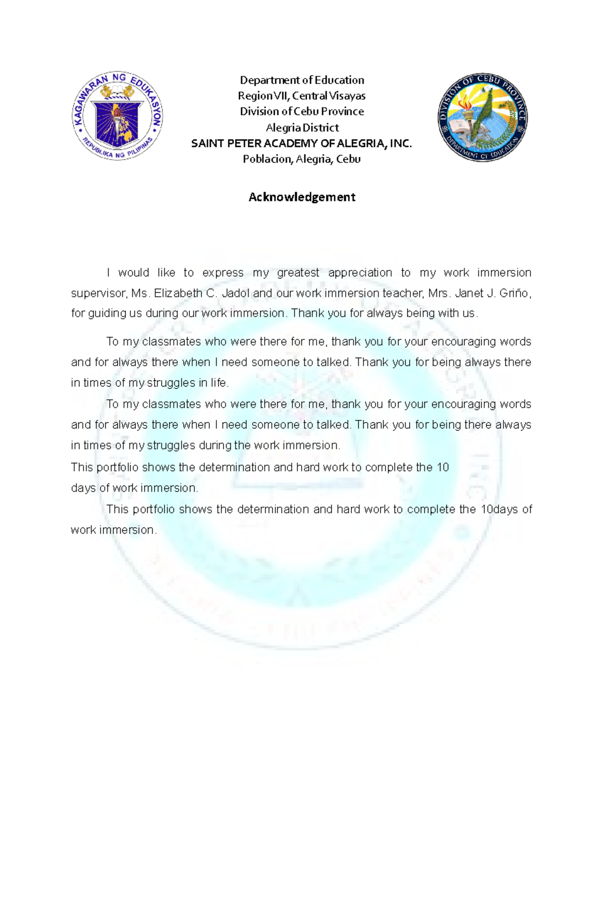 Acknowledgement - Copy maxim - Department of Education Region VII ...