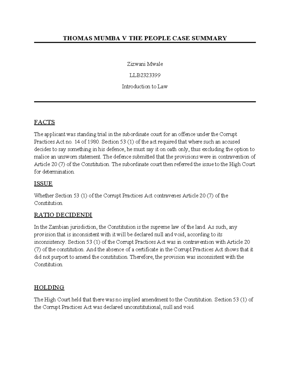 Thomas Mumba V THE People - THOMAS MUMBA V THE PEOPLE CASE SUMMARY ...