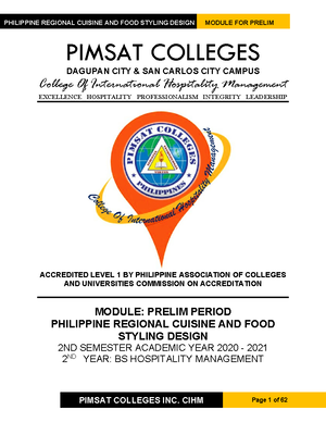 PRE Fundamentals IN FOOD AND Service Operation Prelim - PIMSAT COLLEGES DAGUPAN CITY & SAN - Studocu