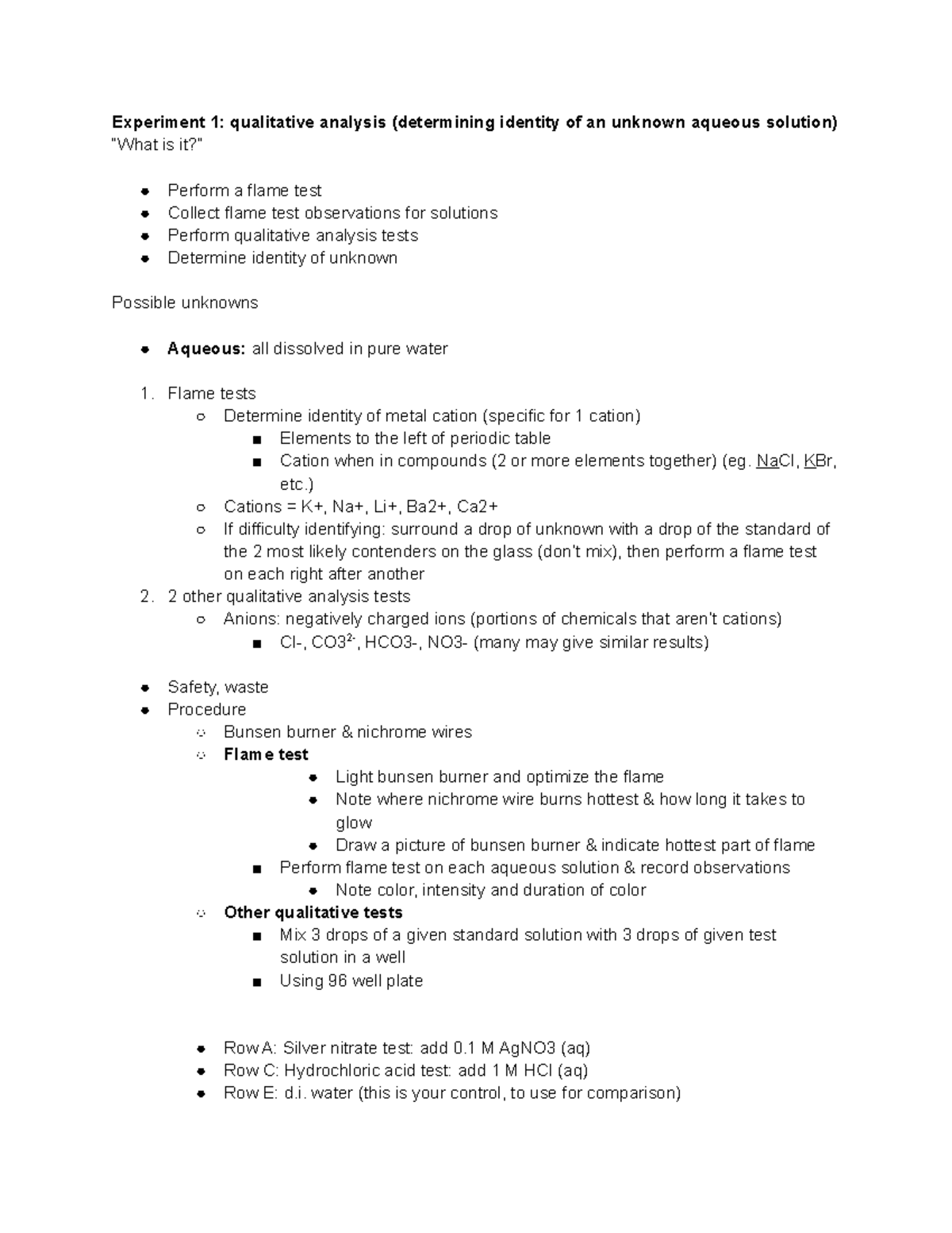 Experiment 1 + 2 - General chemistry notes - Experiment 1: qualitative ...