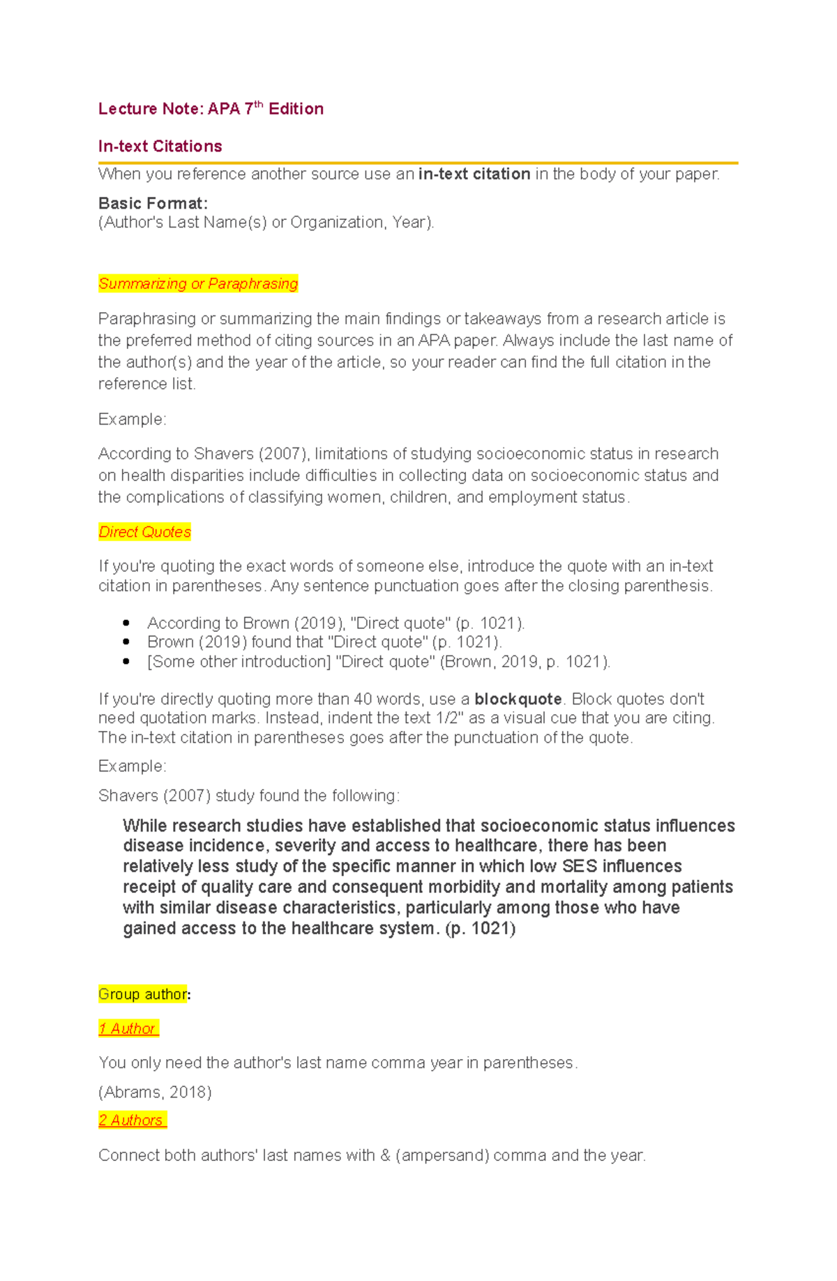 APA 7th Edition - Lecture Note: APA 7th Edition In-text Citations When ...