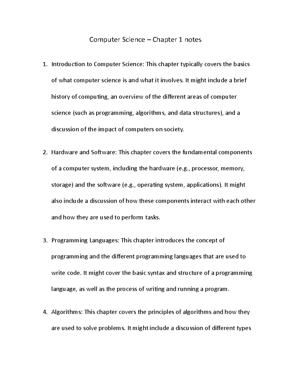 Comp Sci Ch.1 notes - This document goes over key elements and ...