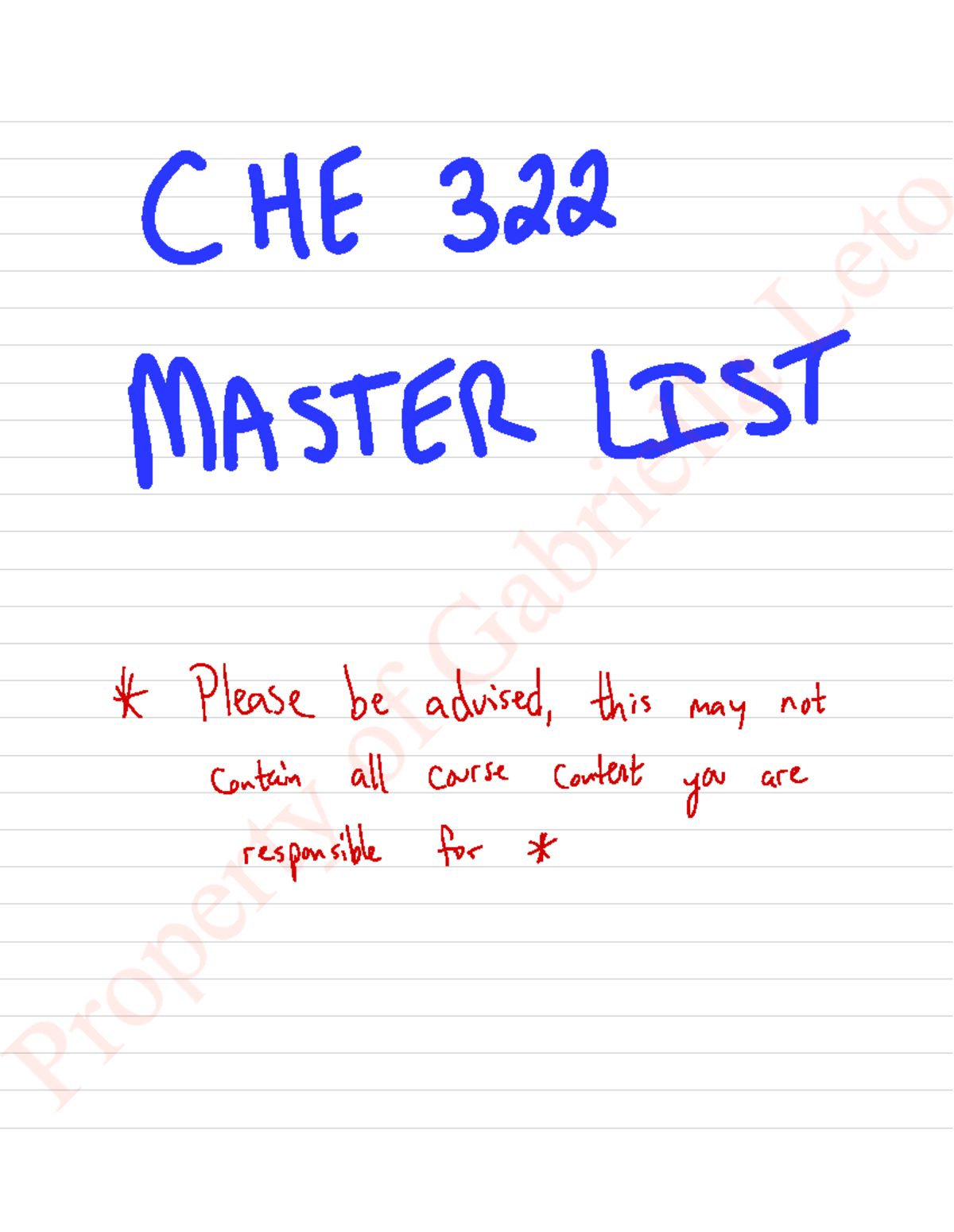 CHE322 Master Sheet 2 - notes - CHE 322 MASTER LIST Please be advised ...
