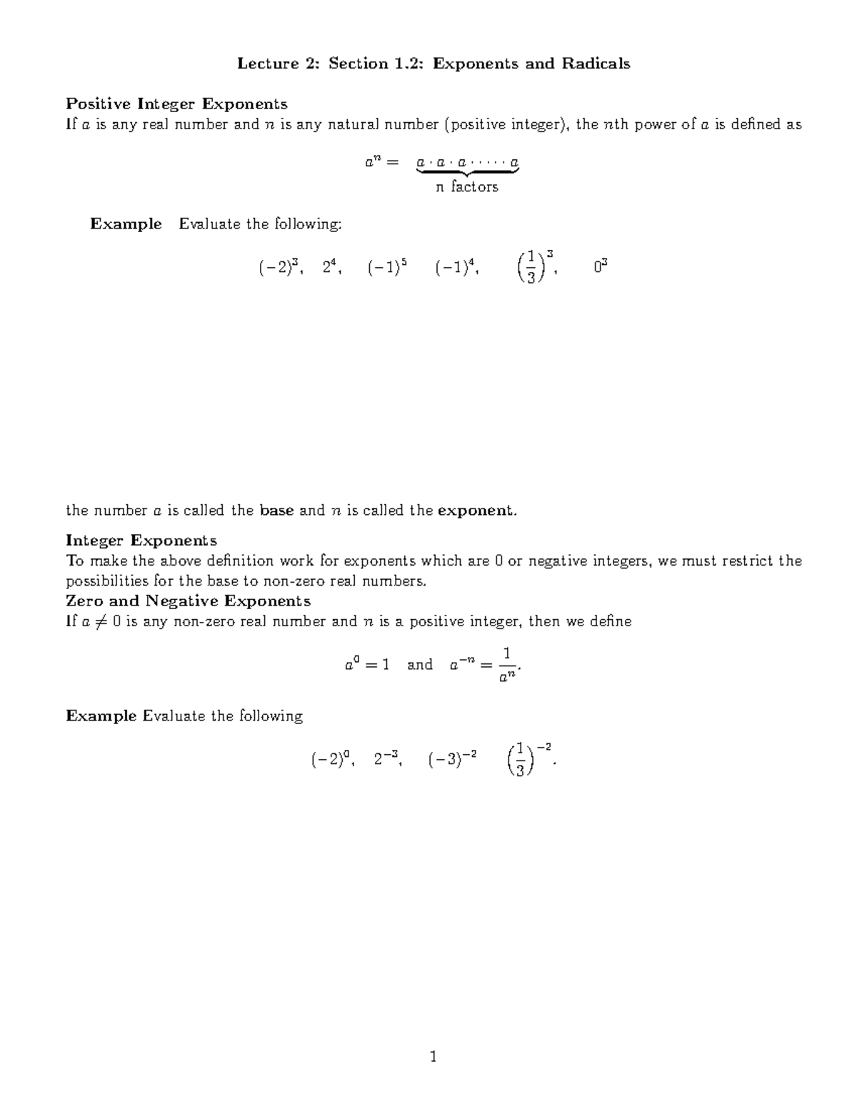 Precalculus Lecture 2 Exponents And Radicals Lecture 2 Section 1