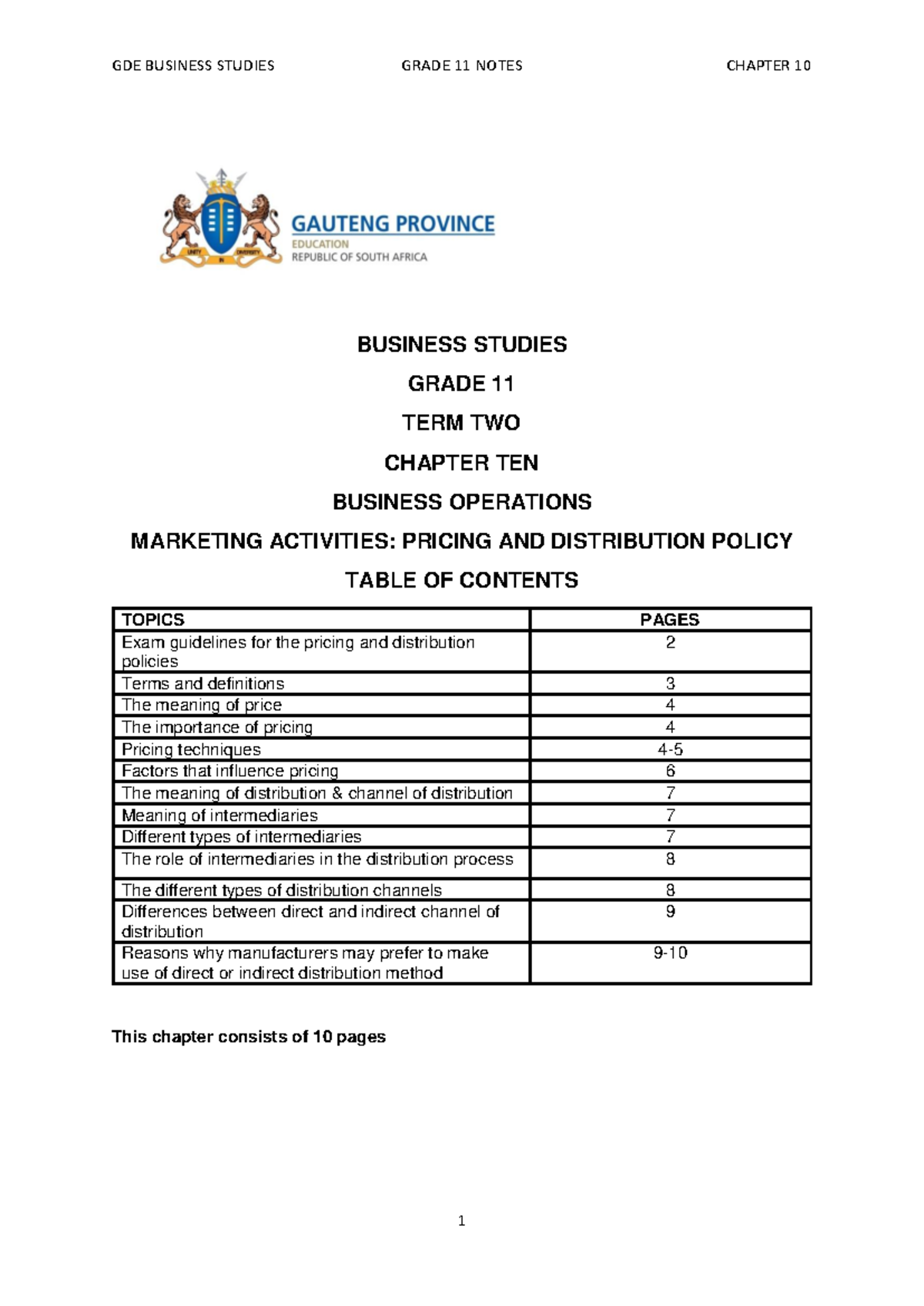2020 Business Studies Grade 11 Notes Chapter TEN - BUSINESS STUDIES ...