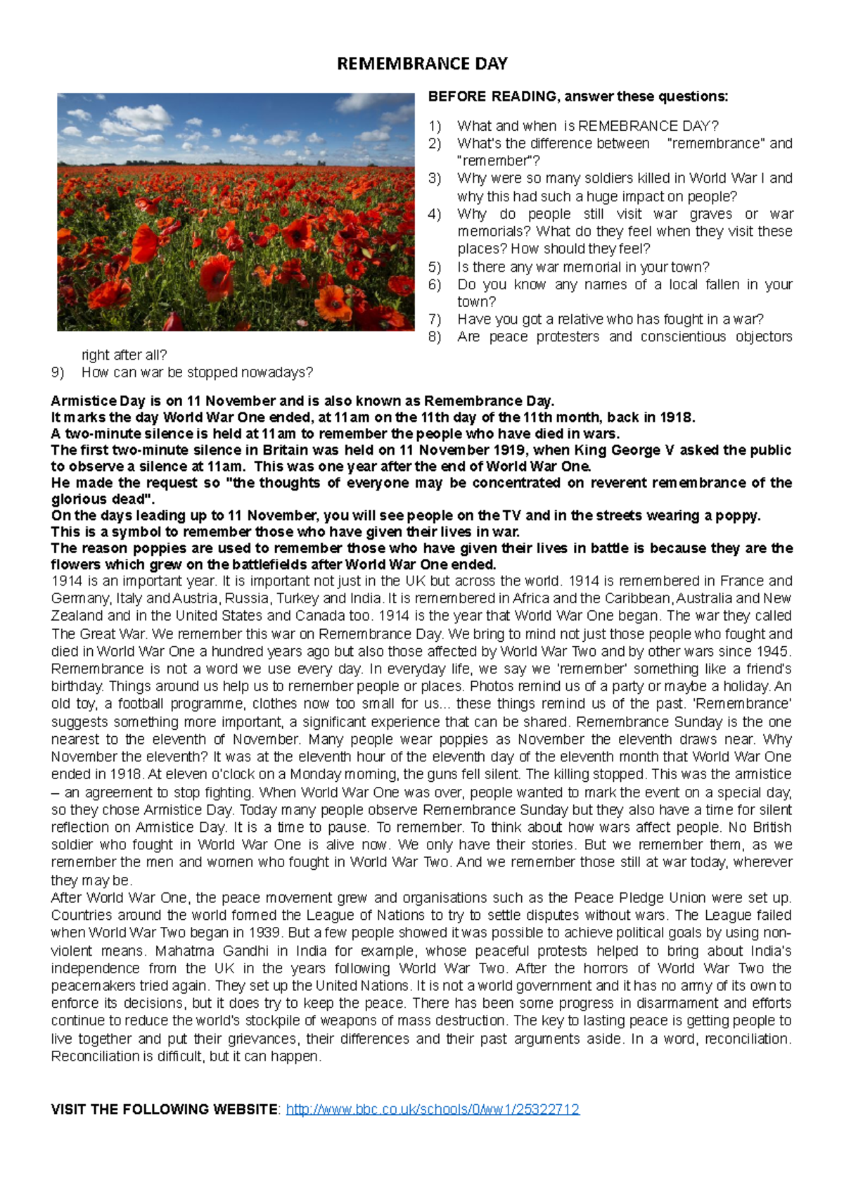 Remembrance DAY - helpful? - REMEMBRANCE DAY BEFORE READING, answer ...