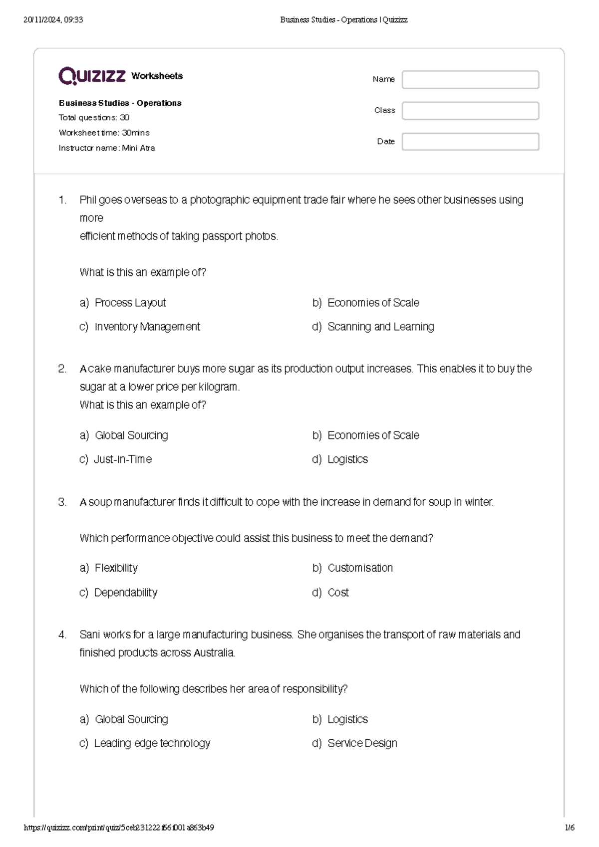 Business Studies - Operations Quizizz - Worksheets Business Studies - Operations Total questions ...