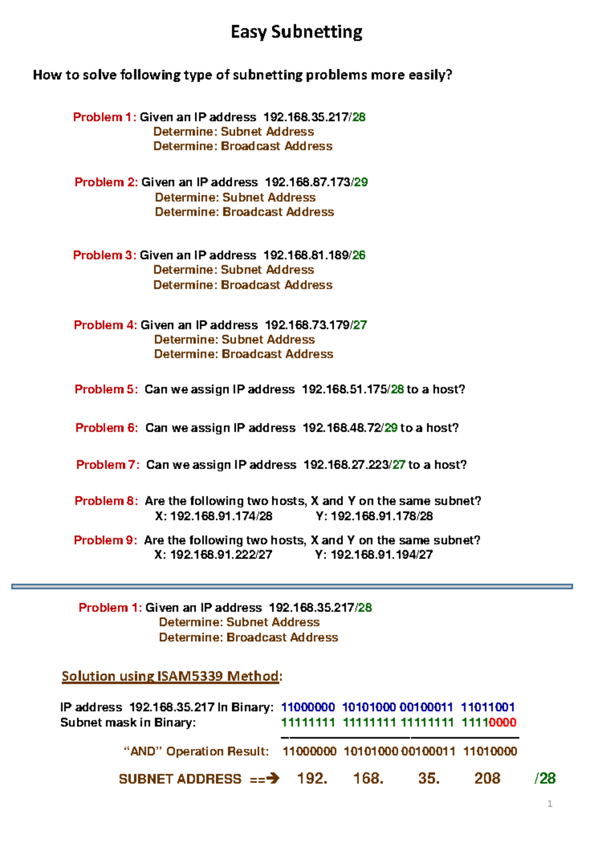 Easy Subnetting Notes Easy Subnetting How To Solve Following Type Of