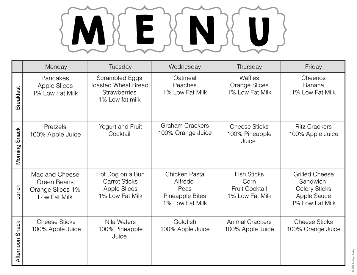 Editable Menu 2 - Monday Tuesday Wednesday Thursday Friday Pancakes ...