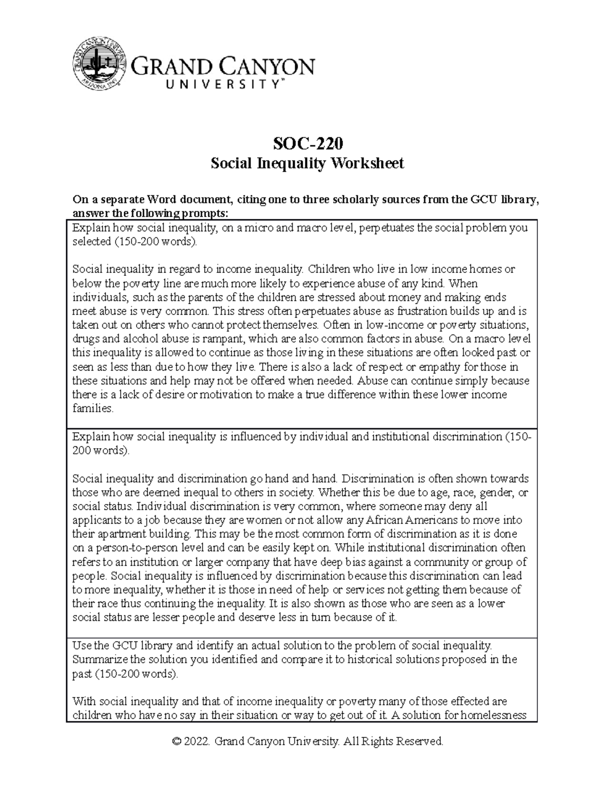 Social Inequality Worksheet - SOC-220 - GCU - Studocu