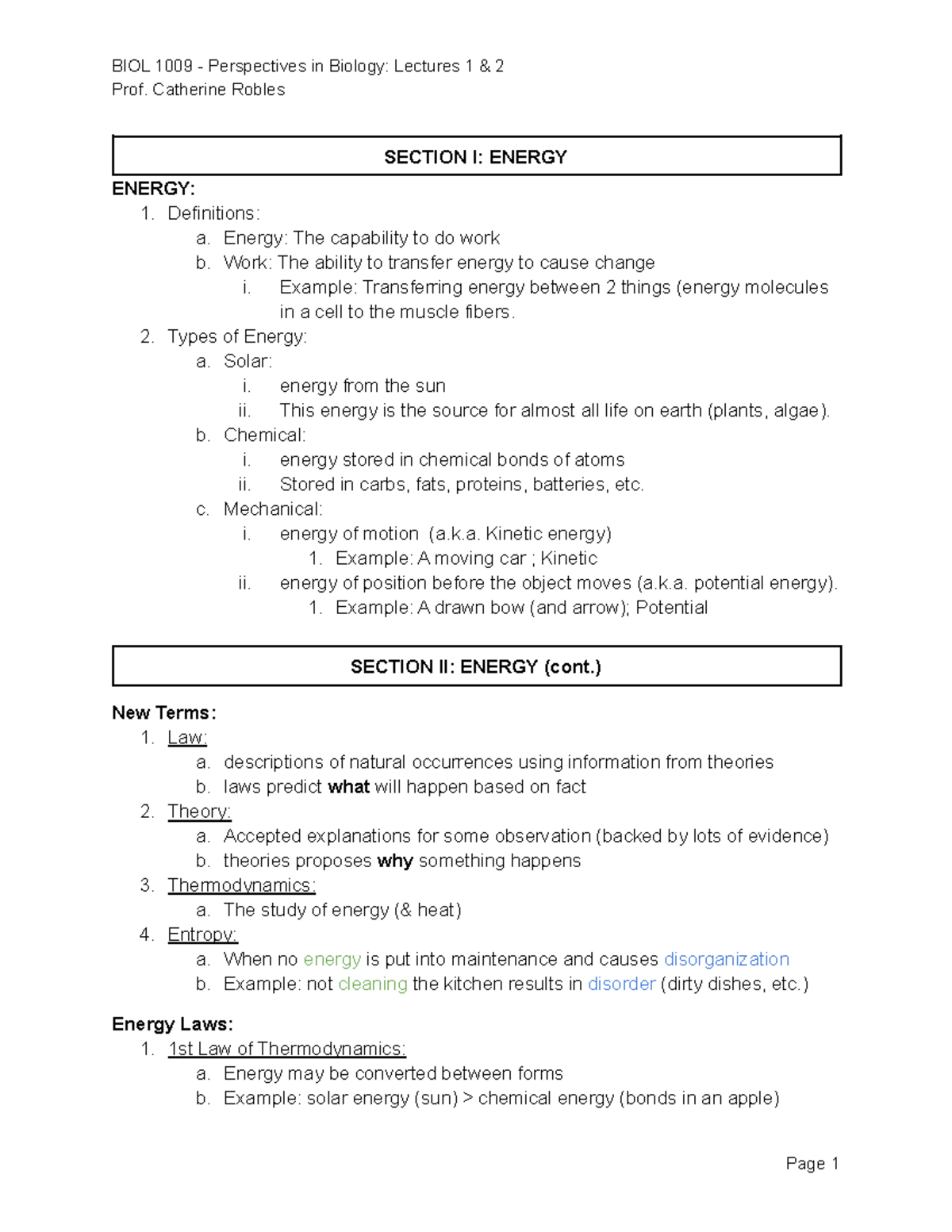 BIOL 1009 - Lectures 1 and 2 - BIOL 1009 - Perspectives in Biology ...