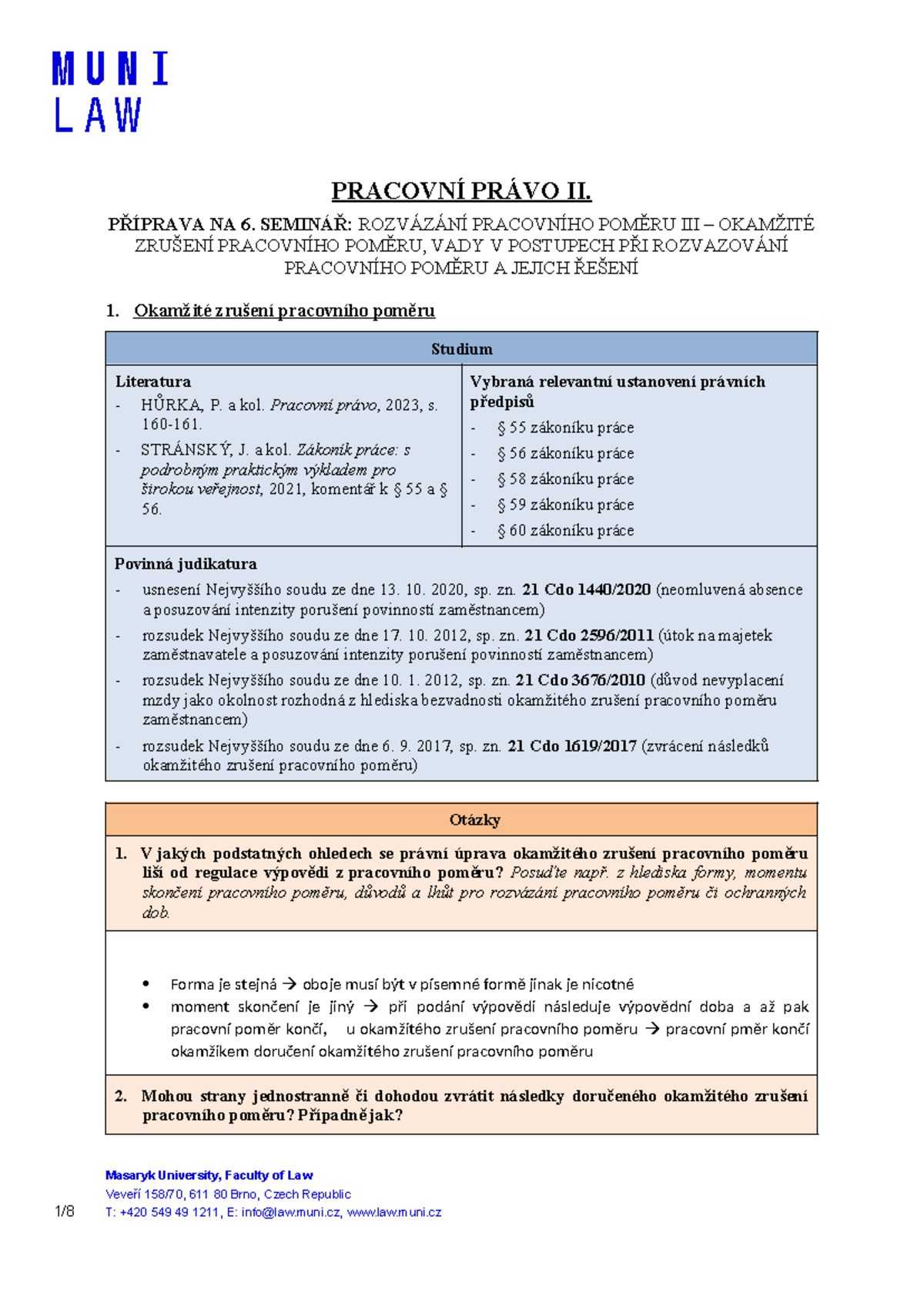 Priprava PPII sem06 2023 - PRACOVNÍ PRÁVO II. PŘÍPRAVA NA 6. SEMINÁŘ ...