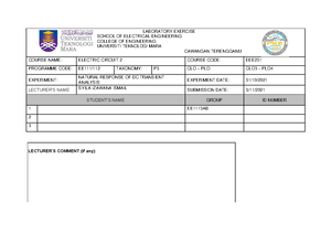 Tutorial 6 - EEE231 TUTORIAL 6 NHAR TUTORIAL 6 Question 1 Determine admittance parameter for the ...