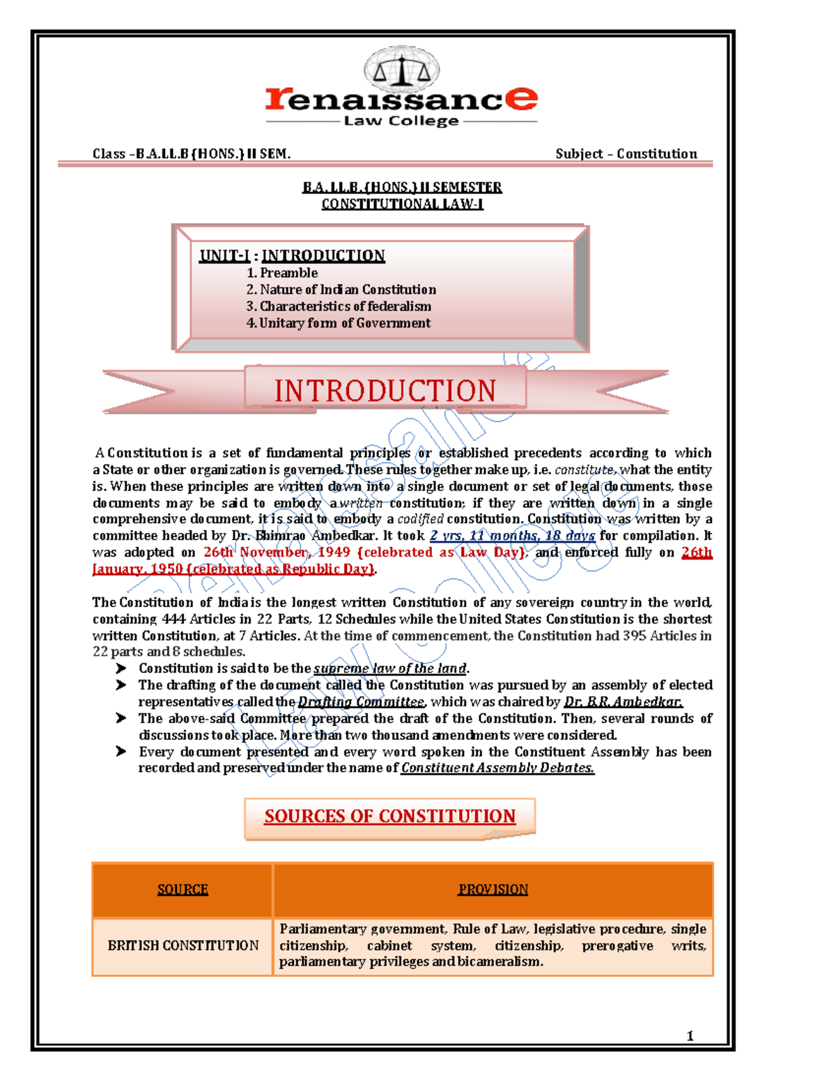 Constitutional law1 edit - B. LL. (HONS.) II SEMESTER CONSTITUTIONAL ...