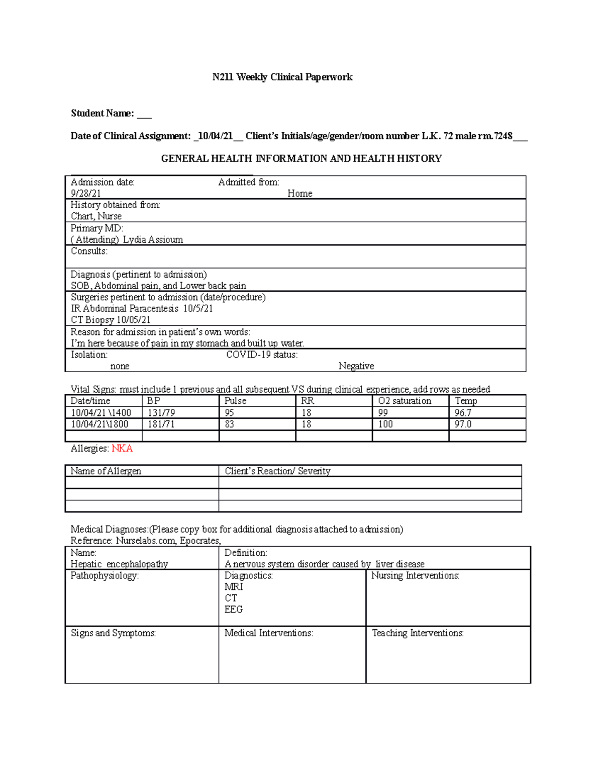 Clinical CIWA Paperwork - N211 Weekly Clinical Paperwork Student Name ...