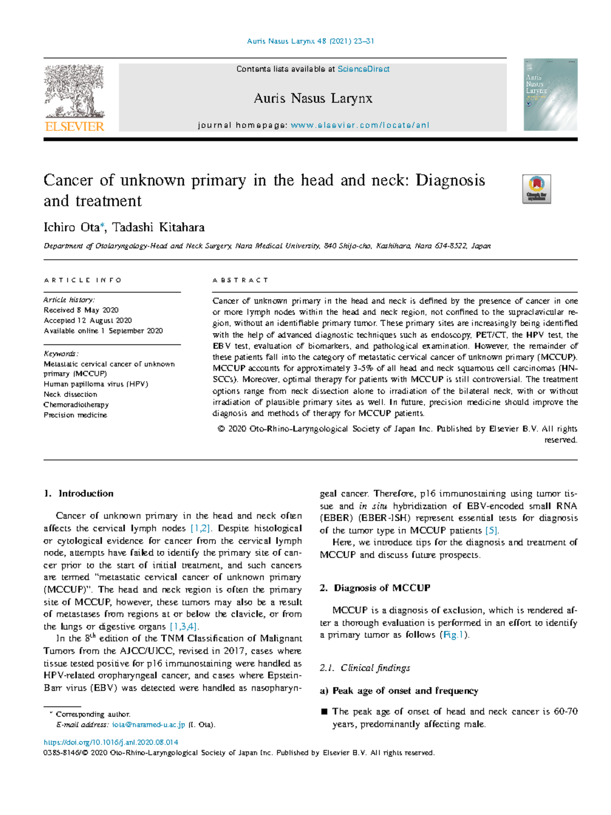 Artículo de Otorrino - Auris Nasus Larynx 48 (2021) 23– Contents lists ...