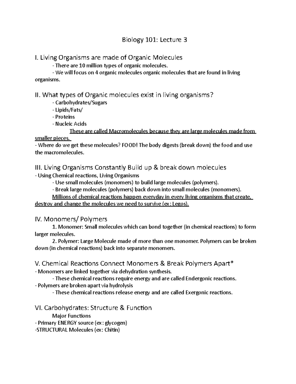 Bio 101 Lecture 3 - Biology 101: Lecture 3 I. Living Organisms are made ...