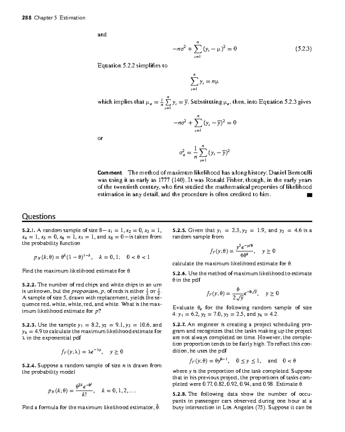 Larsen, Marx 6 - Chapter 5 Questions - 288 Chapter 5 Estimation and −nσ 2 + ∑ n i= 1 (yi − μ) 2 ...