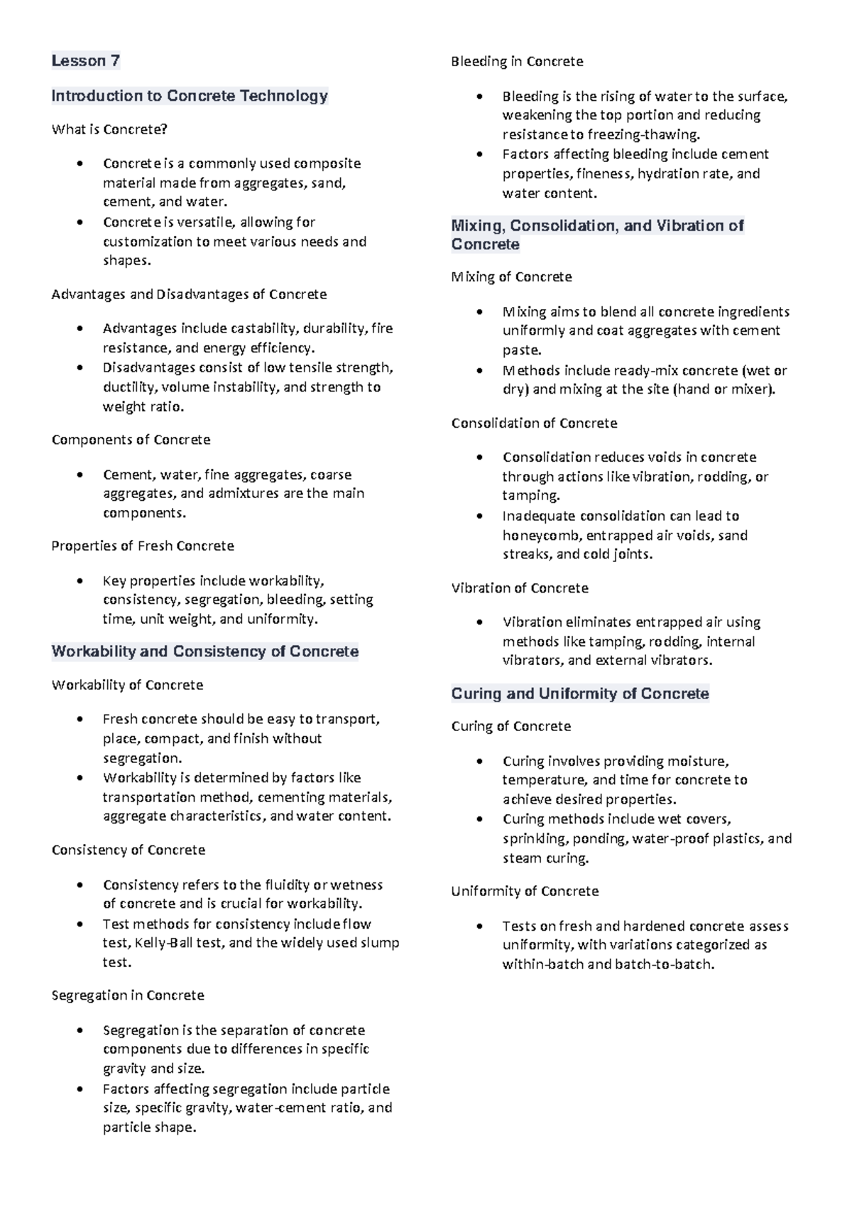 Lesson 7 - Reviewer - Lesson 7 Introduction to Concrete Technology What ...