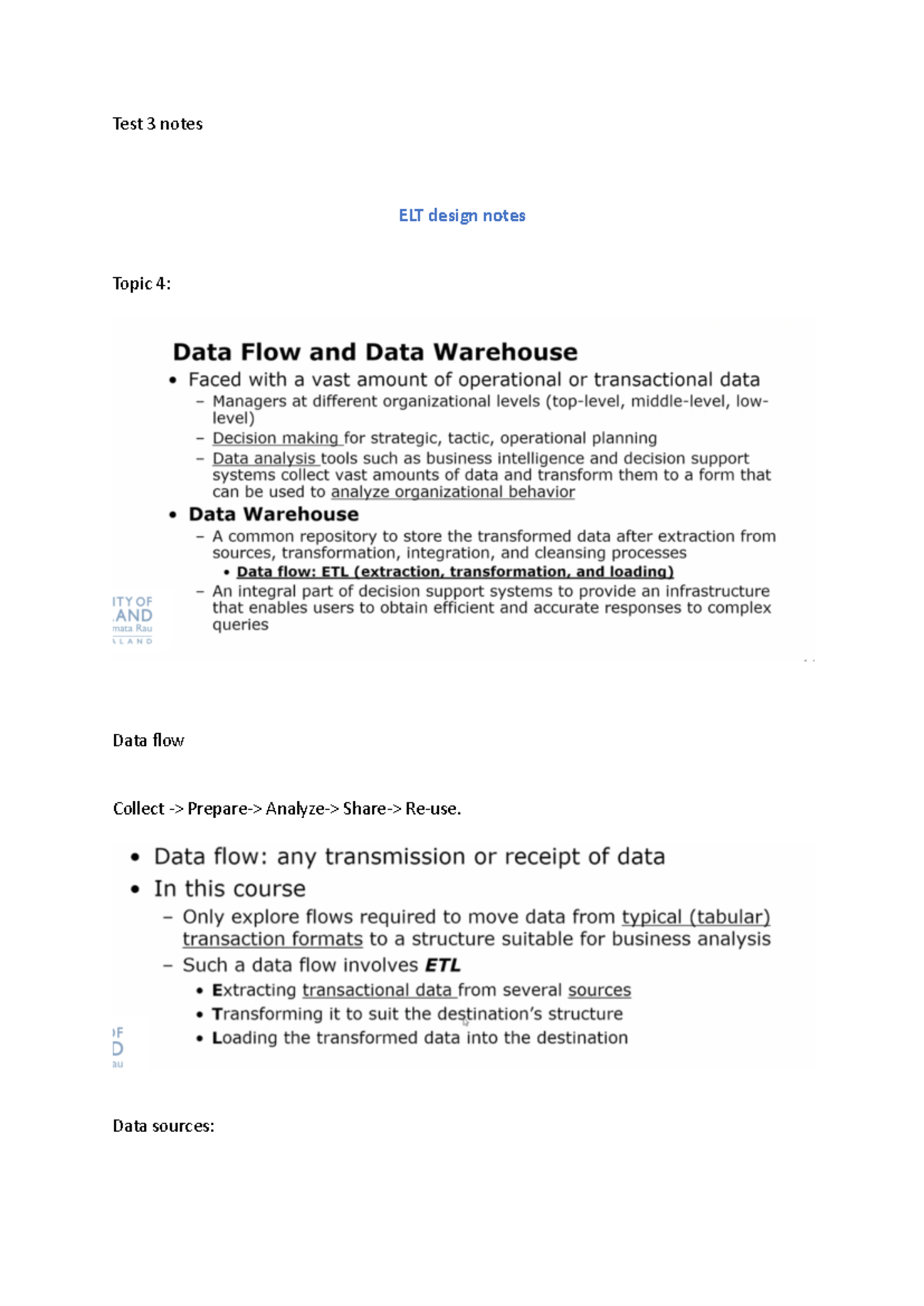 Test notes - Test 3 notes ELT design notes Topic 4: Data flow Collect ...