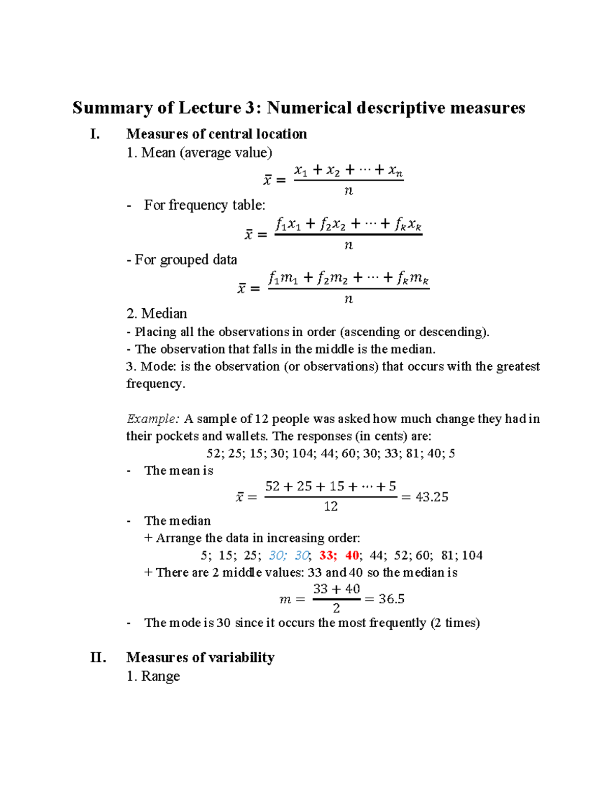 Summary of lecture 3 - ccc - Business Statistics - Summary of Lecture 3 ...