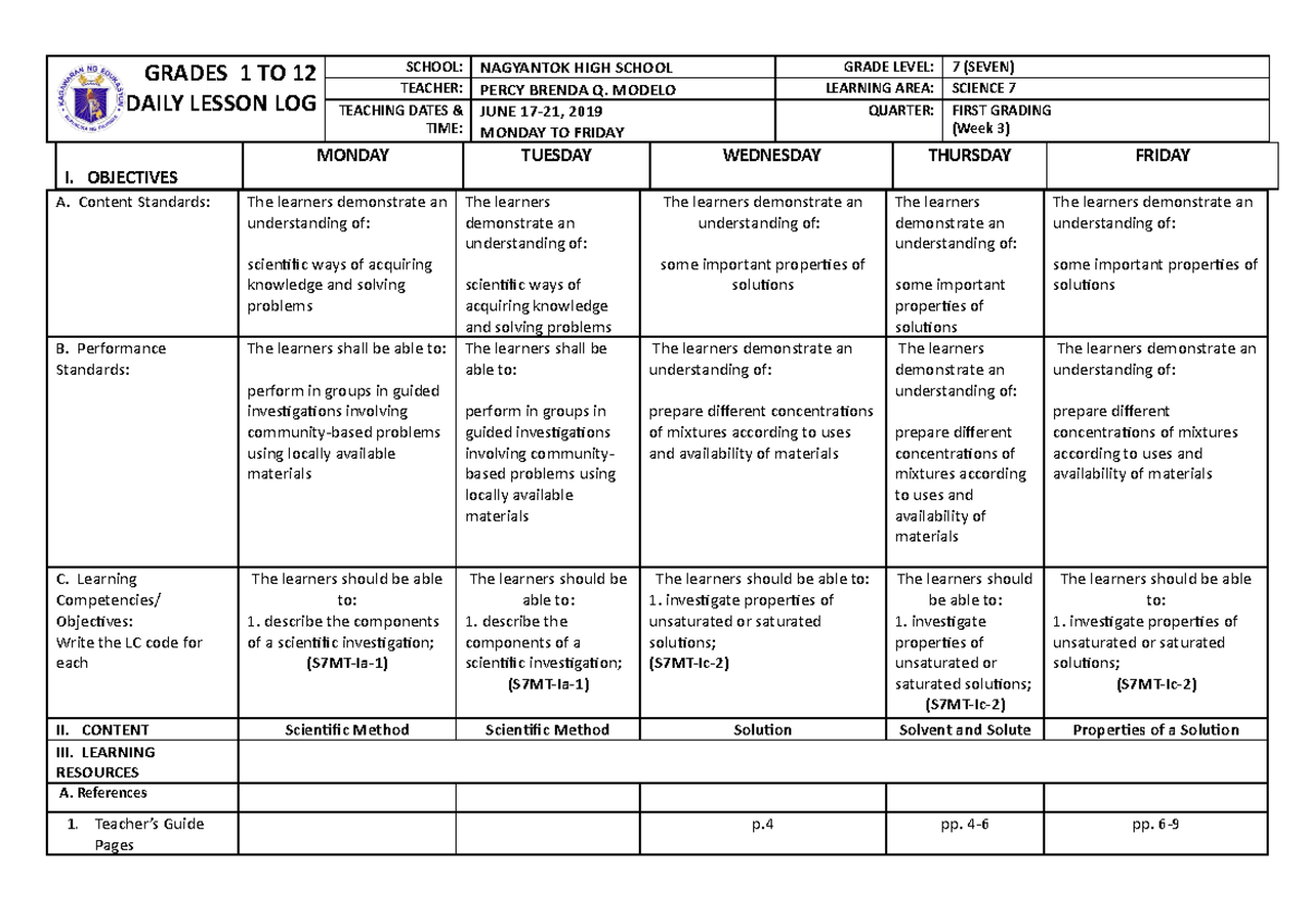 DLL Science 7 Week 3 GRADES 1 TO 12 DAILY LESSON LOG SCHOOL