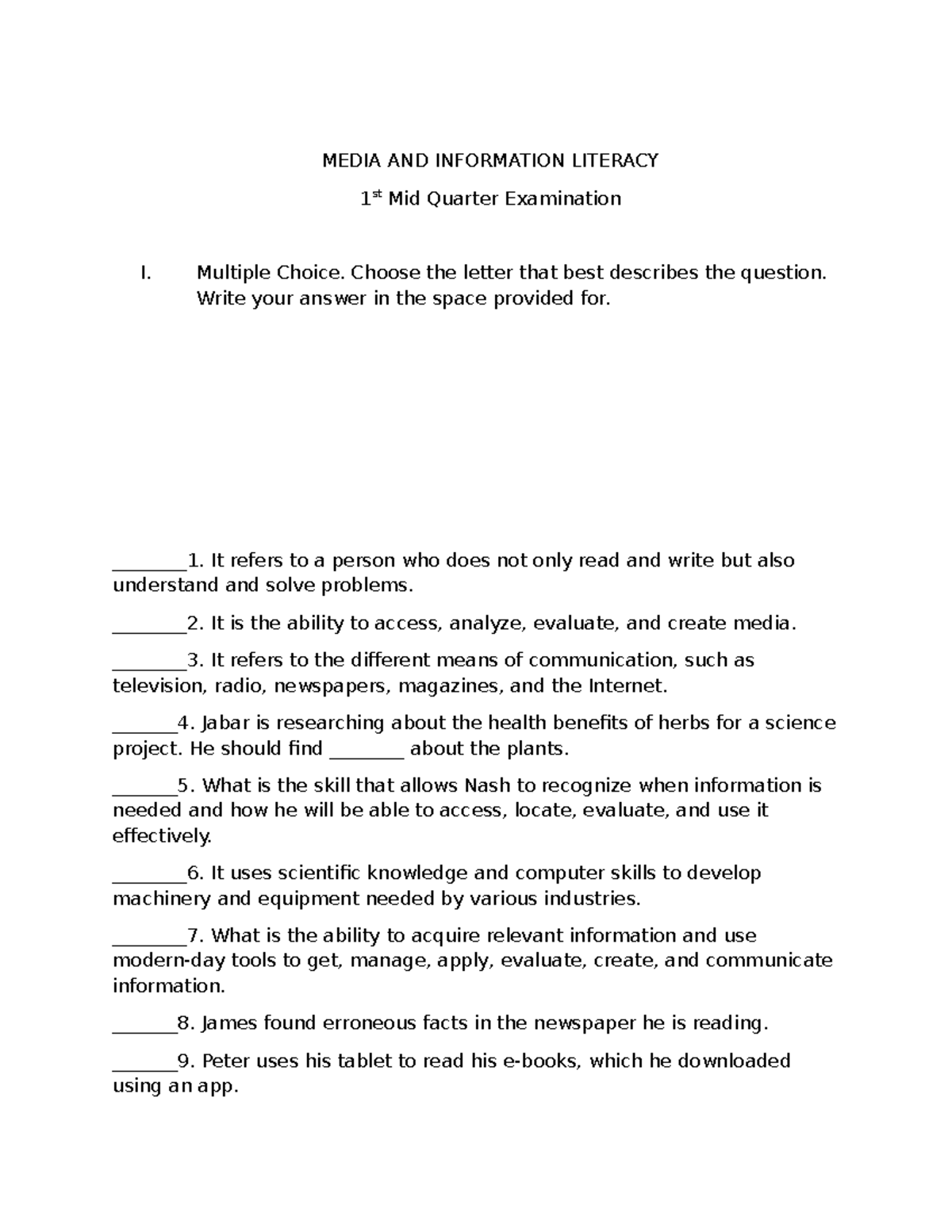 MIL exam - grade 12 media and information literacy - MEDIA AND ...