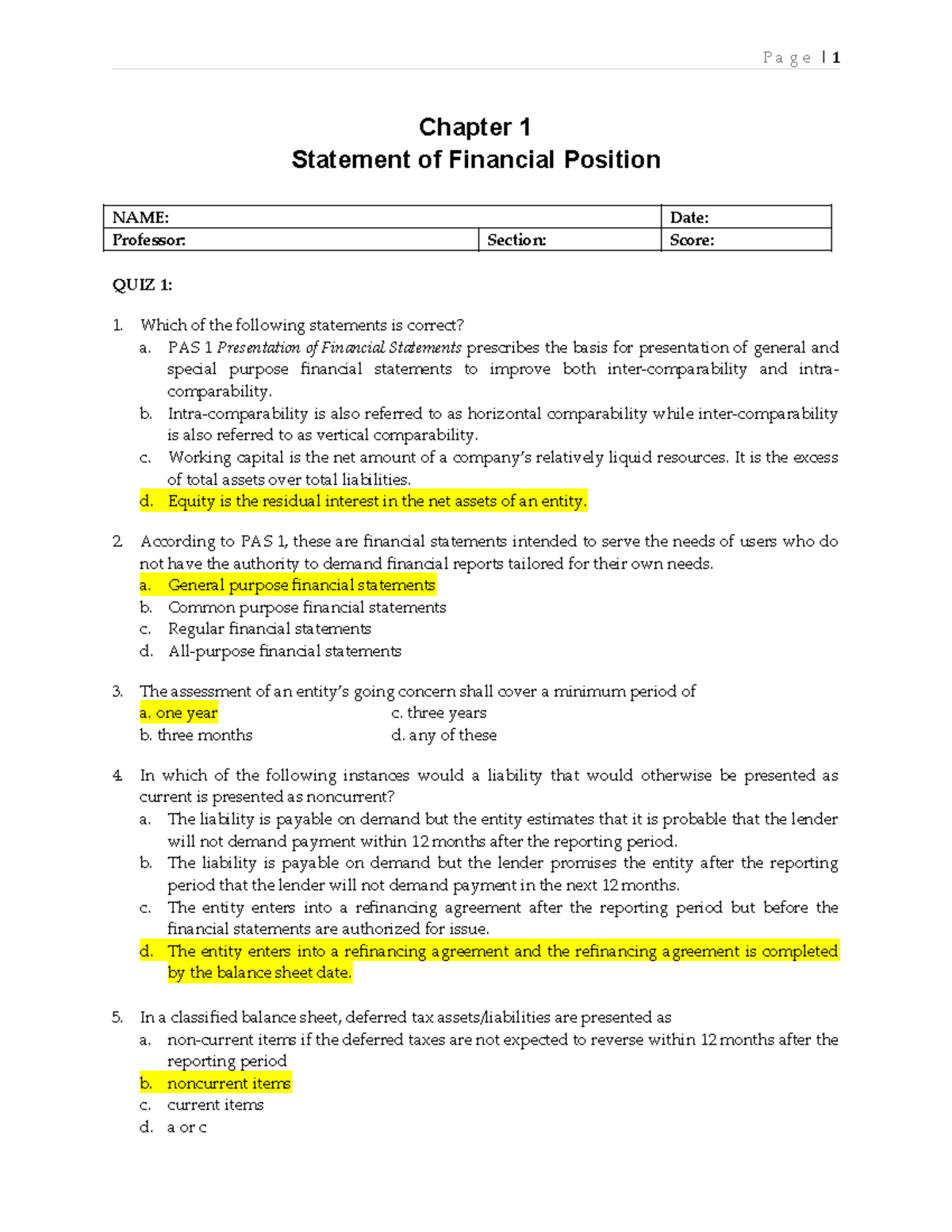 Intermediate Accounting 3 PAS 1 Statement of Financial Position ...