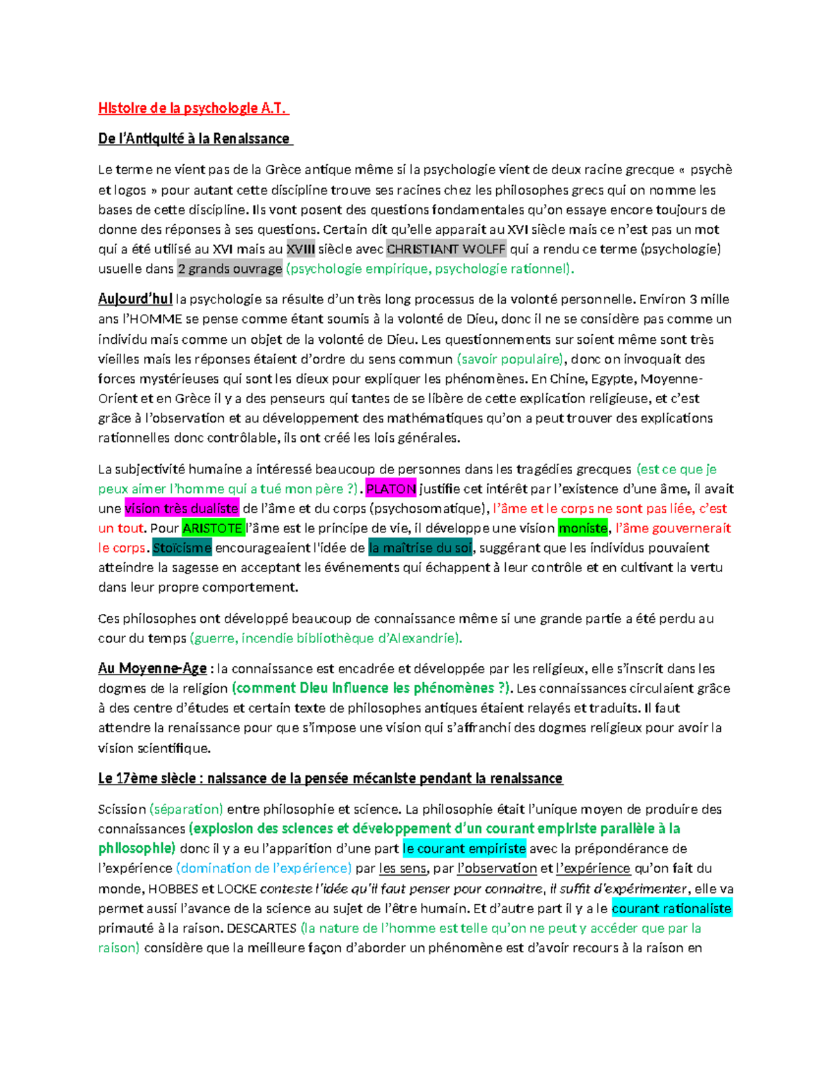 Histoire de la psychologie A.T - De l’Antiquité à la Renaissance Le ...