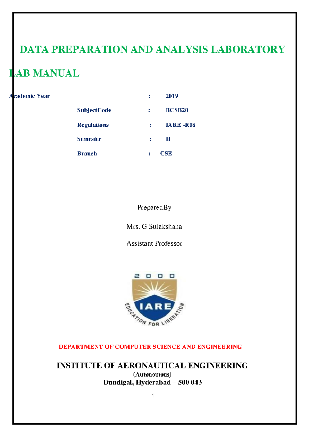 IARE DATA Preparation AND Analysis LAB Manual - DATA PREPARATION AND ...